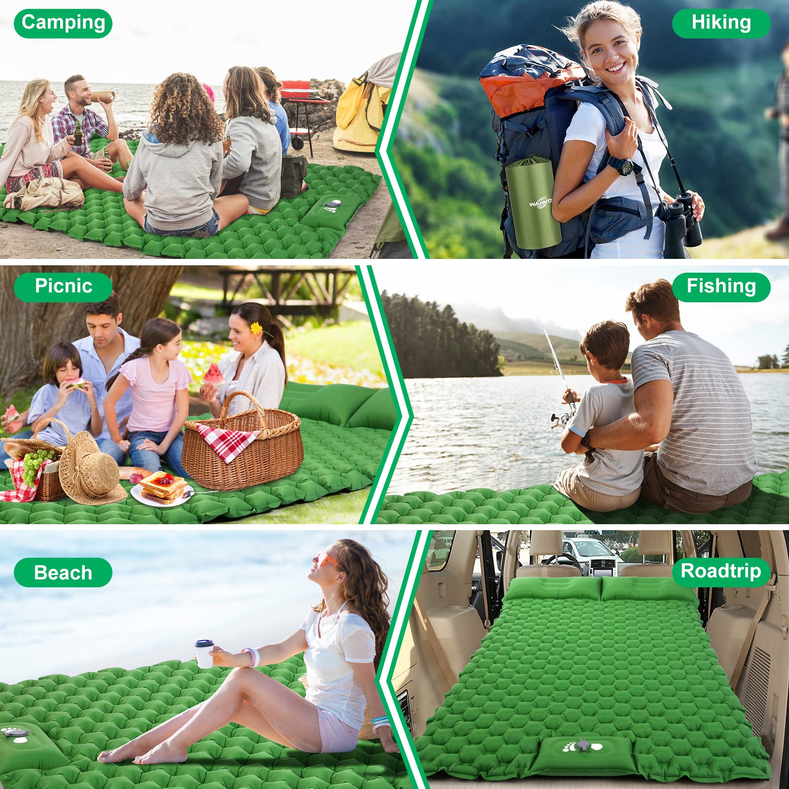 WANNTS Double Sleeping Pad, Ultralight Inflatable Sleeping Pad for Camping, Built-in Pillow, Ultimate for Camping, Hiking - Airpad, Carry Bag, Repair Kit - Compact & Lightweight Camping Pad(Green)