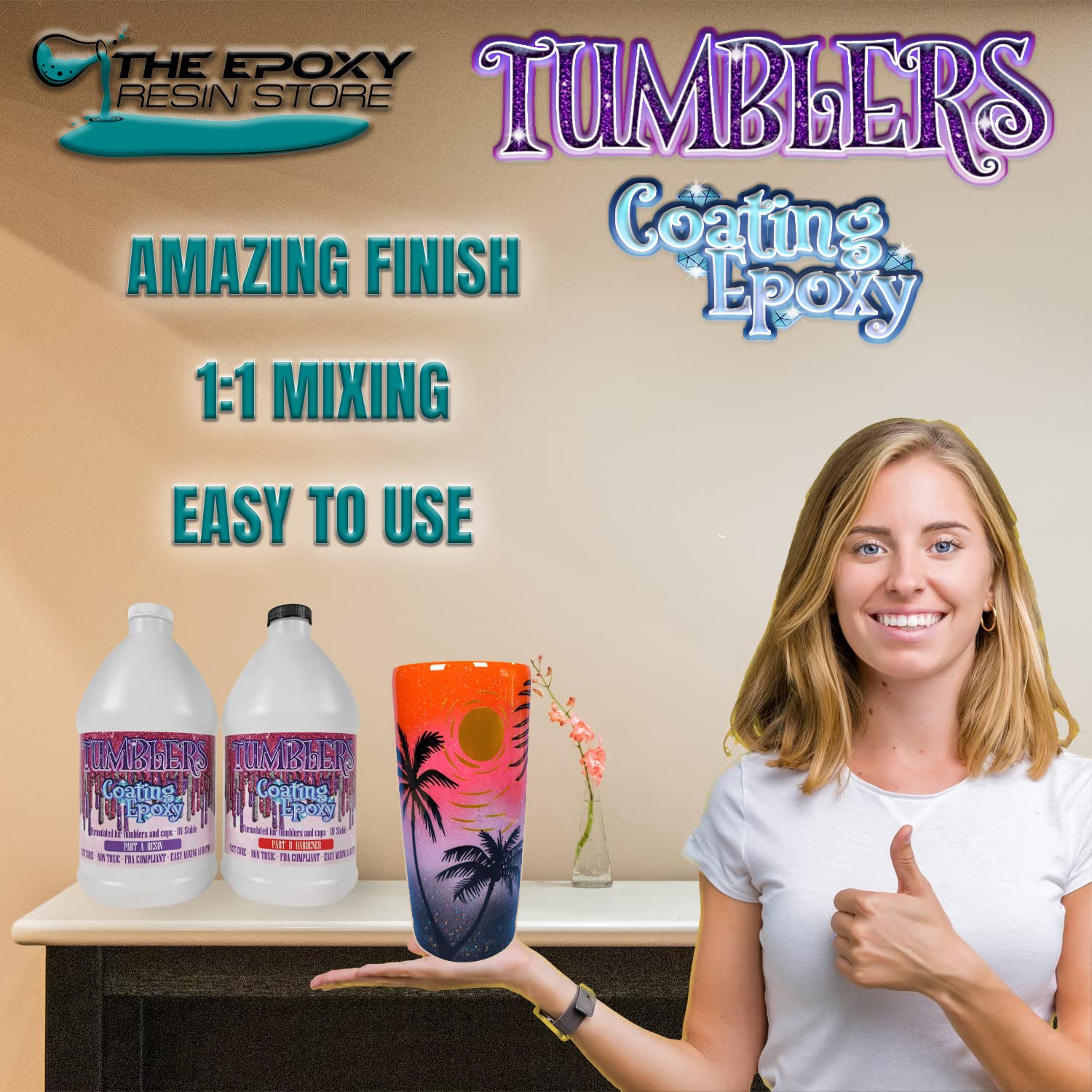 The Epoxt Resin Store - Tumbler Coating Epoxy Resin, Super Gloss Shine, Fast Cure, Self Leveling, Low Odor, Easy Mixing (1-1), UV Stable, 2 Part 1 Gallon kit
