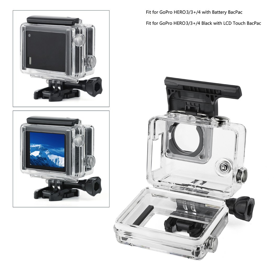 Side Open Protective Skeleton Housing Case with LCD Touch Backdoor and BacPac Backdoor for Extended LCD Screen or Expansion Battery - Compatible with GoPro Hero 4, 3, and 3+ - Transparent Clear