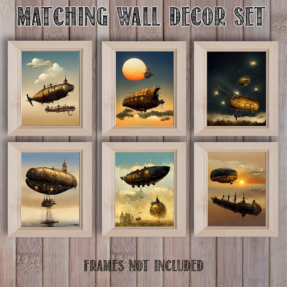 Steampunk Airships Art Prints - Set of Six Gallery Wall Photos (8x10) Unframed Print Poster - Science Fiction Home Decor and Gift For Aviation, Sailing, and Navigation Buffs