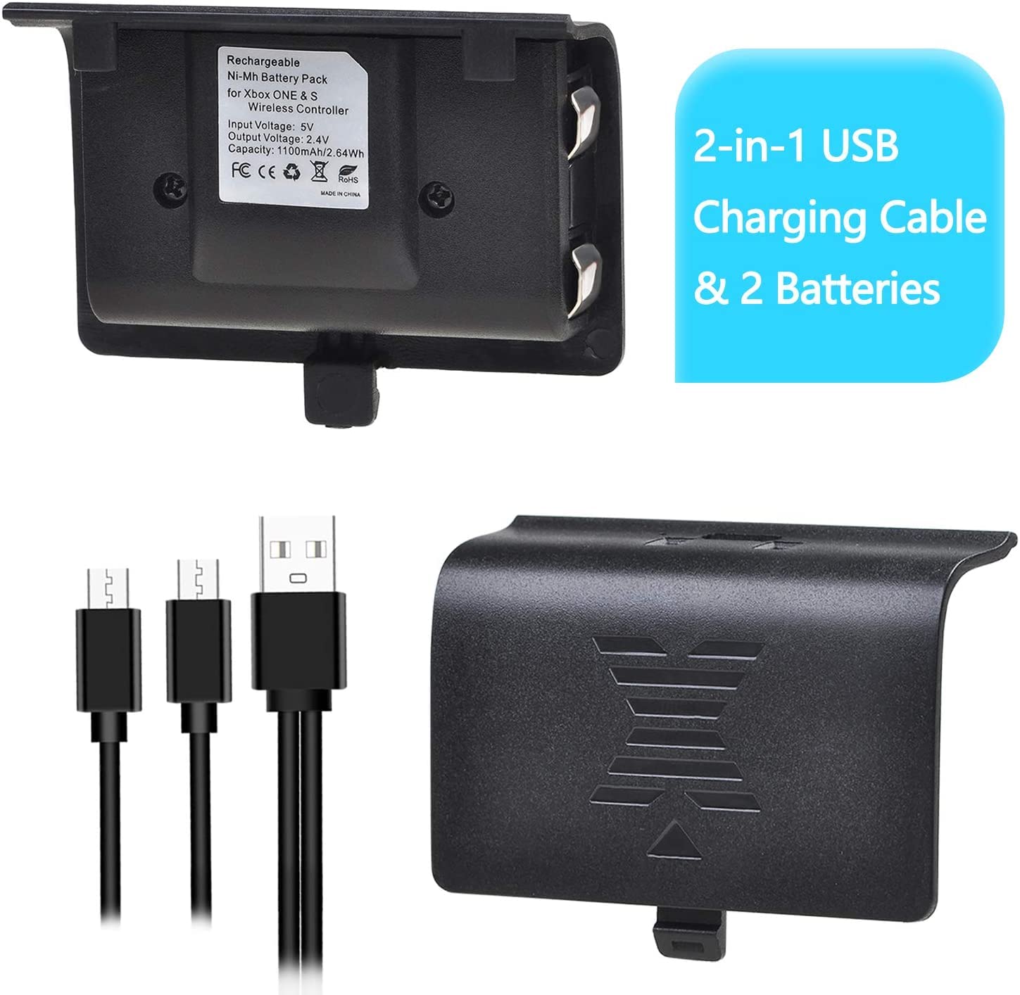Xbox One Rechargeable Battery Pack, 2 Pack 1100mAh Xbox One Controller Battery for Xbox One S/X/Elite Controller with 2 in 1 USB Cable(Not for Xbox Series S/X)