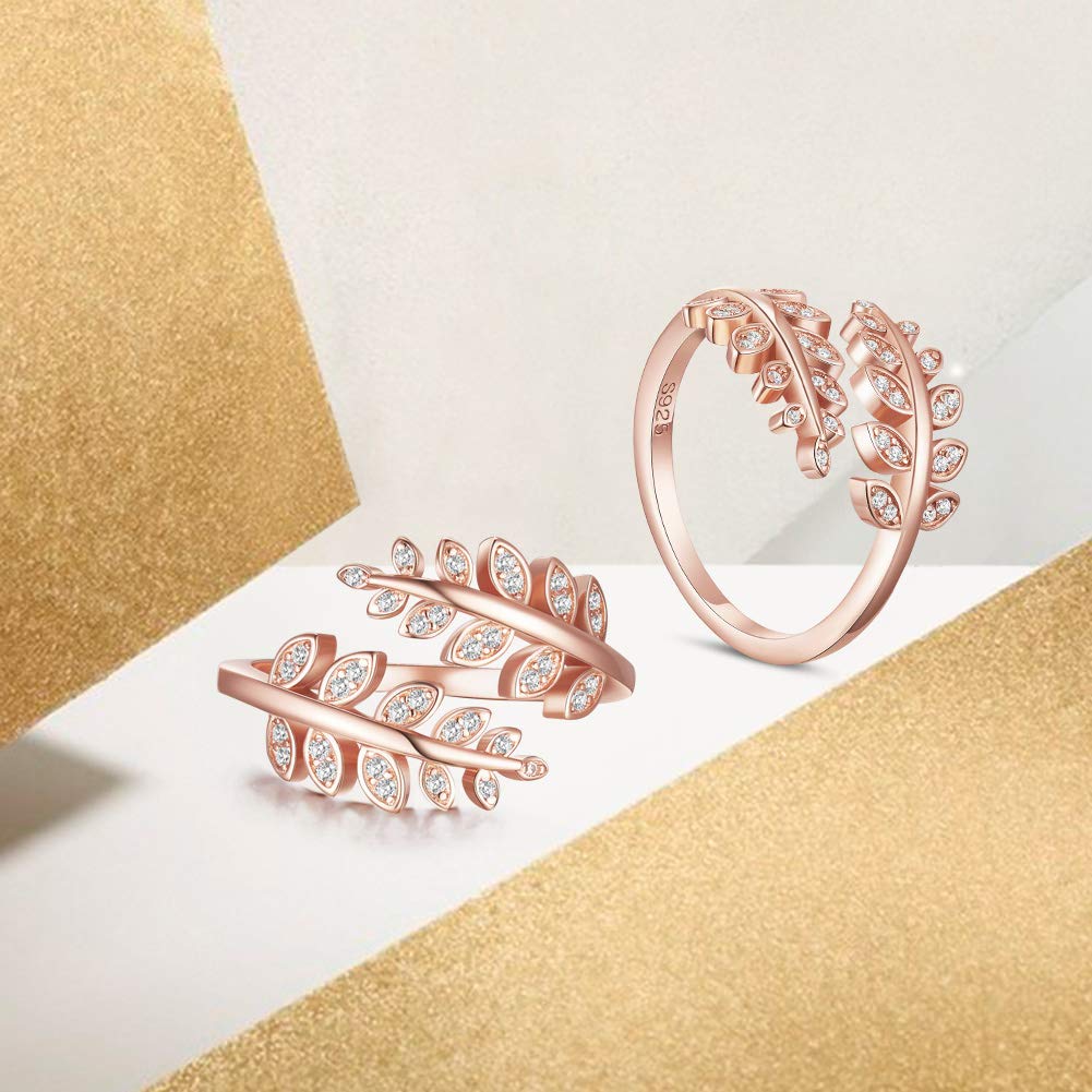 TINYSAND Women's 925 Sterling Silver with 18K Rose Gold Plated Wrap Around Olive Leaf Branch Ring, Paved Cubic Zirconia Stone Adjustable Stackable Open Ring