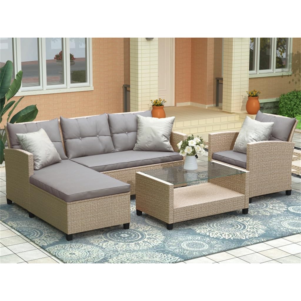 SDGH Outdoor, Patio Furniture Sets, 4 Piece Conversation Wicker Ratten Sectional Sofa with Seat Cushions