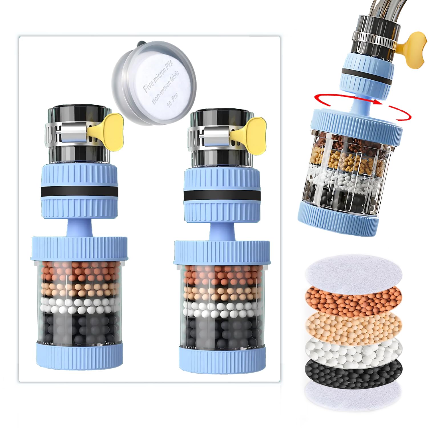 Tap Water Filter l Filter Water l Visible filtering effect 6-fold filtration, 360° Rotating Faucet Water Filter.Kitchen Bathroom Universal Detachable for cleaning and reuse. (Blue)