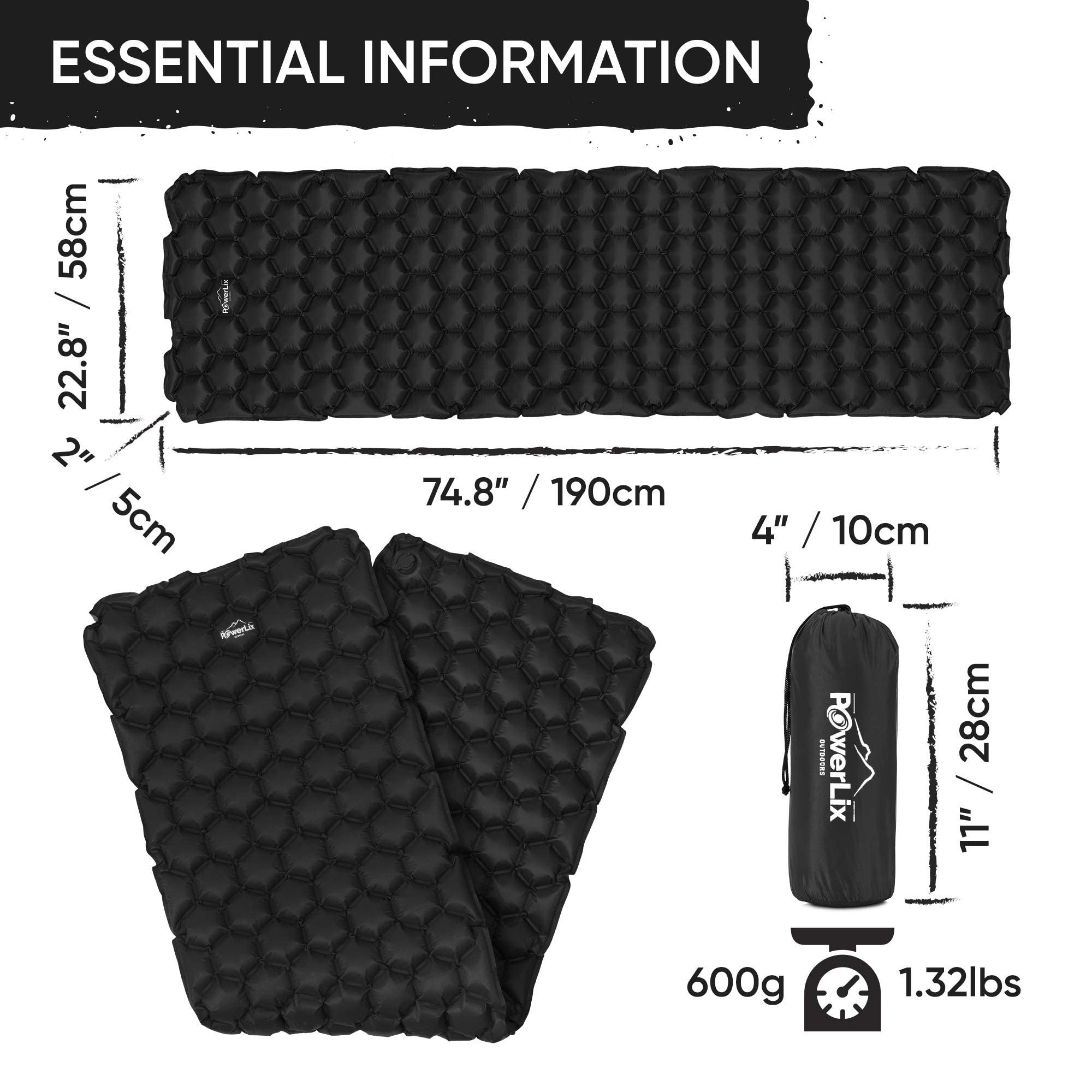 POWERLIX Ultralight Sleeping Pad for Camping, Self-Inflatable, Waterproof, Compact, 77.2 x 22.8 x 2.1 in