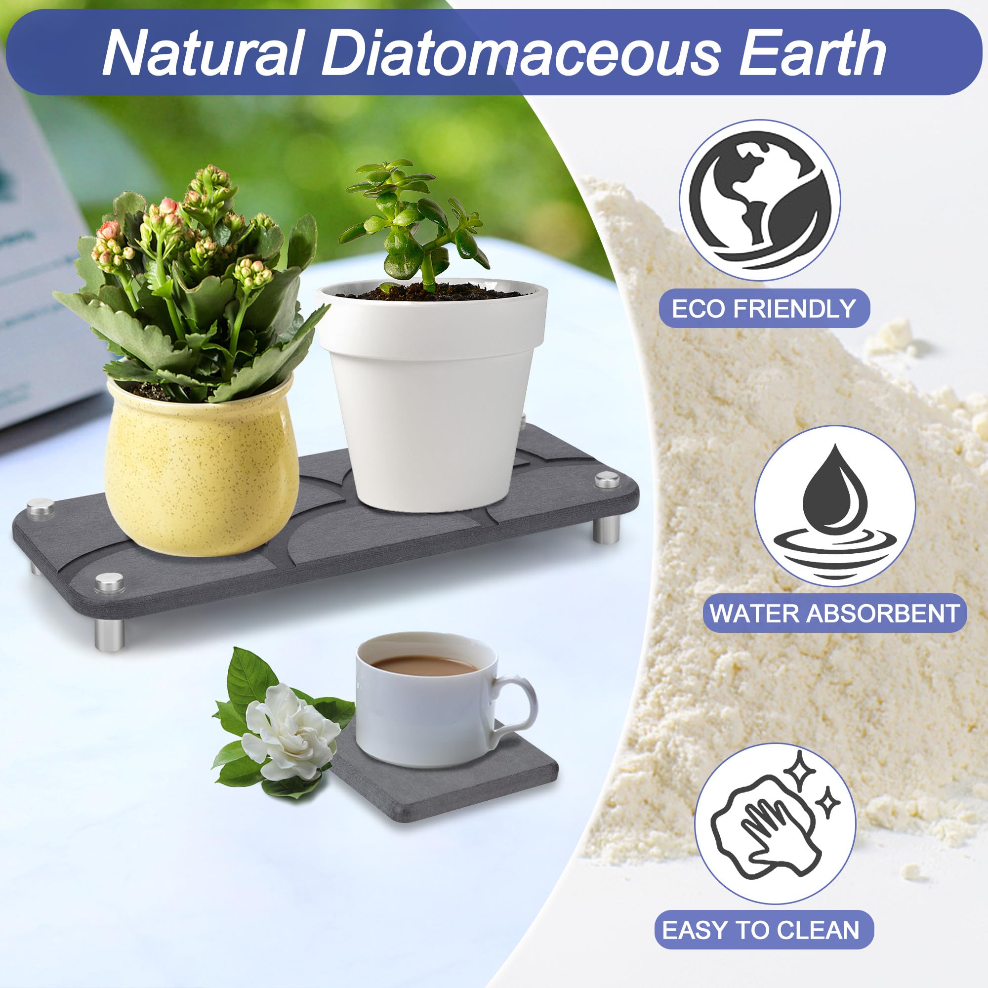 Yukee 2PCS Diatomaceous Earth Instant Dry Sink Organizer Tray with 2PCS Coasters, Bathroom Kitchen Counter Fast Water Absorbing Stone Sink Caddy Sponge Soap Drying Holder Rack