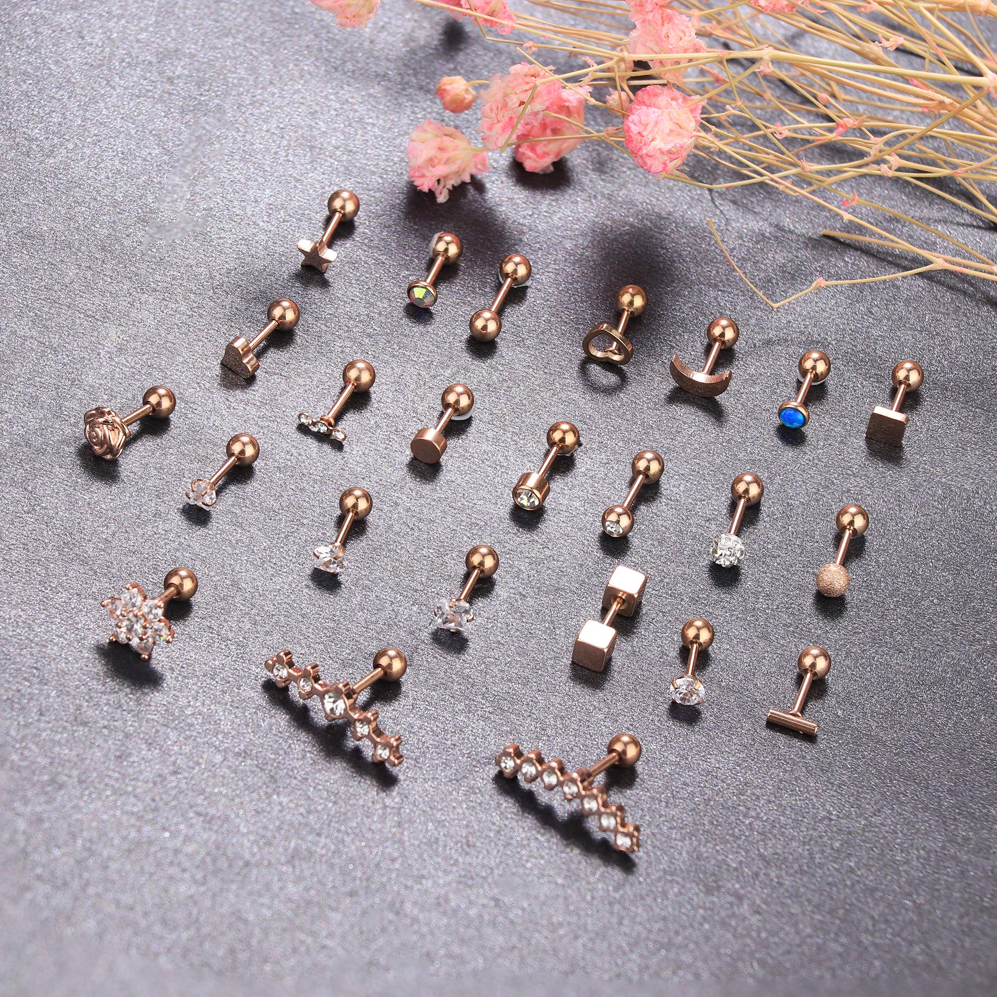 Subiceto 24 Pcs 18G Cartilage Stud Earrings for Women Stainless Steel Cz Helix Tragus Labret Ear Body Piercing