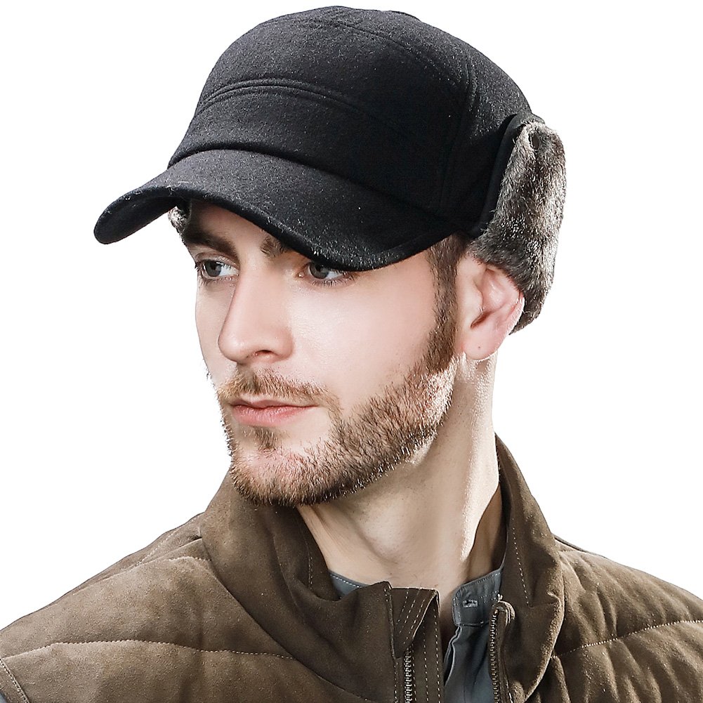 SIGGI Mens Wool Winter Visor Baseball Cap Earflap Hat Faux Fur Ear Warmer Large Black