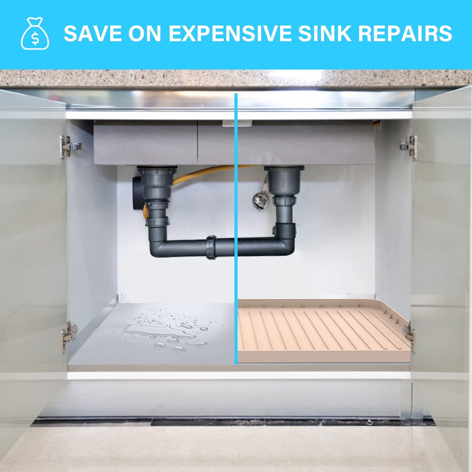 Under Sink Mat, 34" x 22" Under Sink Mats for Kitchen Waterproof - Silicone Under Sink Liner Drip Tray with Drain Hole, Sink Cabinet Protector Mat for Kitchen & Bathroom (Beige)