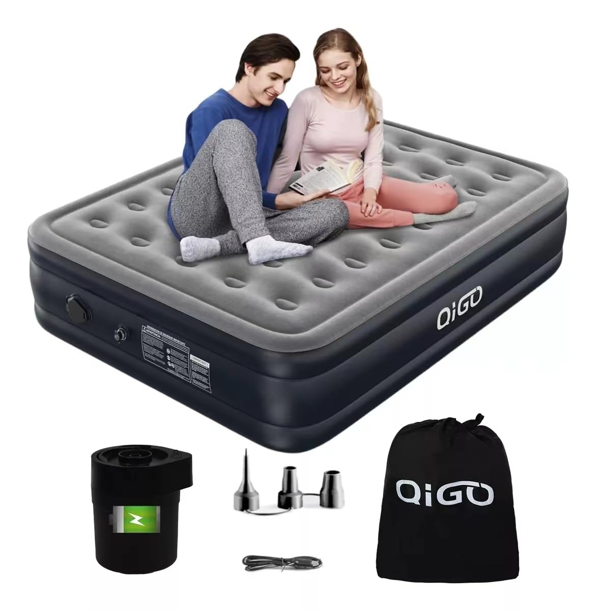 QIGO Air Mattress Queen Size with Chargeable Battery Built in Pump, Blow up Mattress for Camping, Home and Guests, Quick Self Inflating Air Bed, Colchon Inflable - Portable, Comfortable and Durable