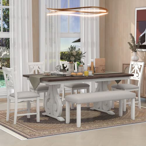 TREXM 6-Piece Wooden Dining Table Set, Farmhouse Rectangular Dining Table, Four Chairs with Exquisitely Designed Hollow Chair Back and Bench for Home Dining Room (Gray+White) (Brown+White)