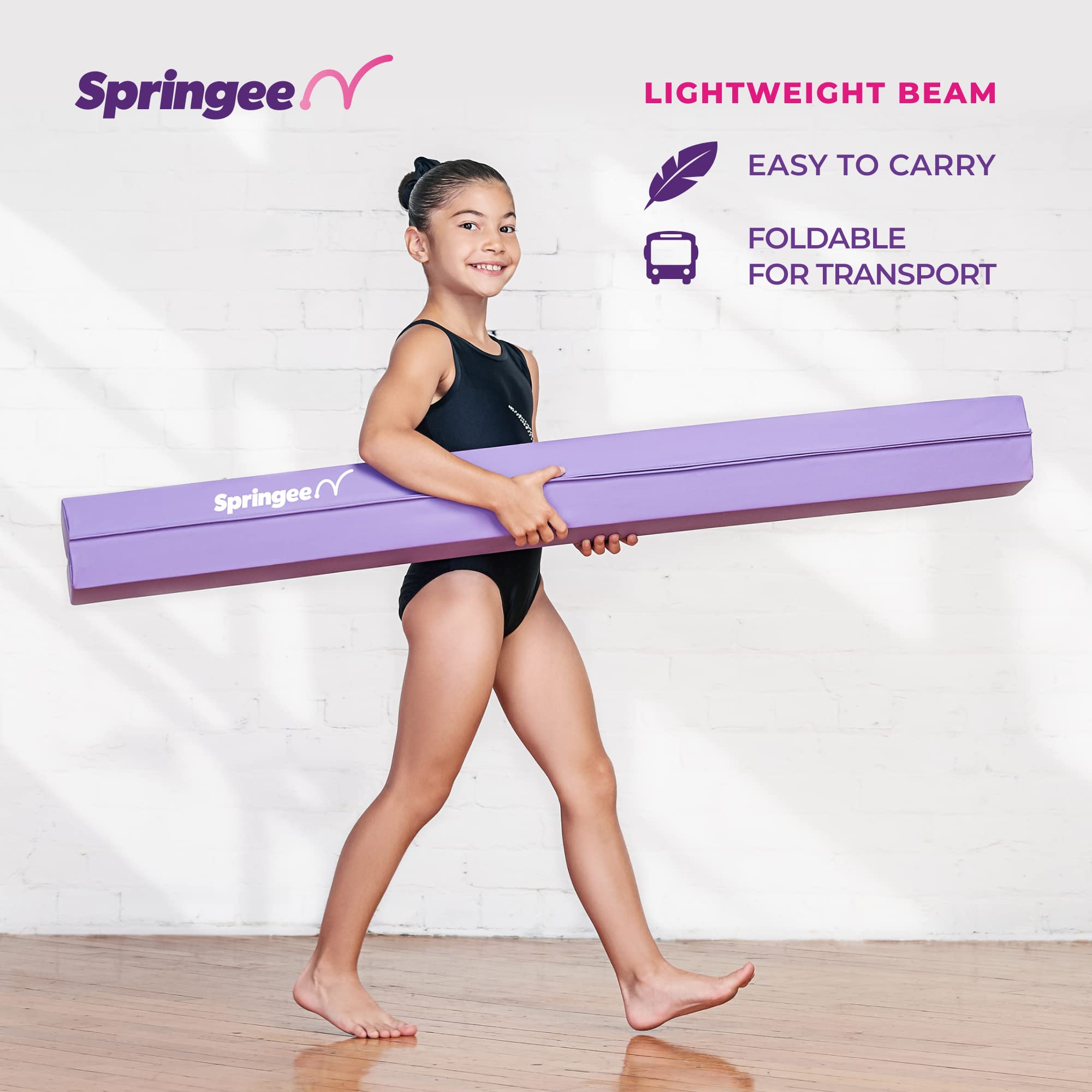 Springee 9ft Balance Beam - Extra Firm - Vinyl Folding Gymnastics Beam for Home (Purple)