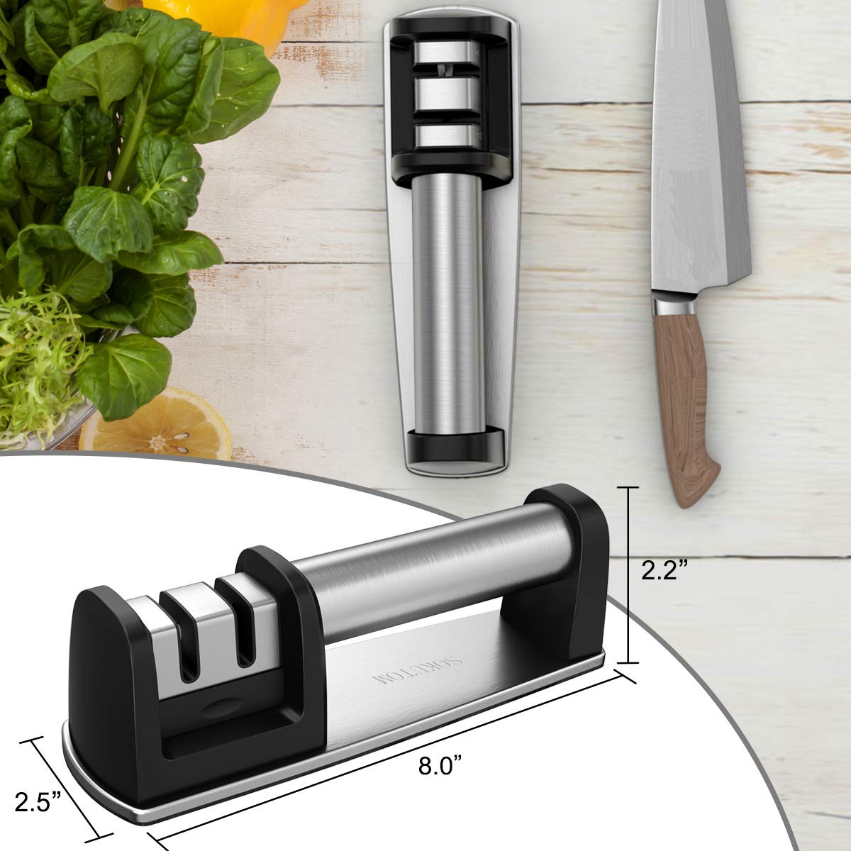 SOKUTOM Knife Sharpener for All Straight and Serrated Knives, Stainless Steel Ceramic and Tungsten, Safe and Easy to Use Kitchen Knife Sharpener, Sharpens Scissors