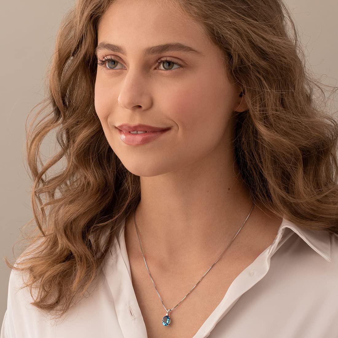 PEORA 14K White Gold Swiss Blue Topaz and Diamond Pendant for Women, Genuine Gemstone Birthstone Solitaire, 3 Carats total Oval Shape 10x8mm