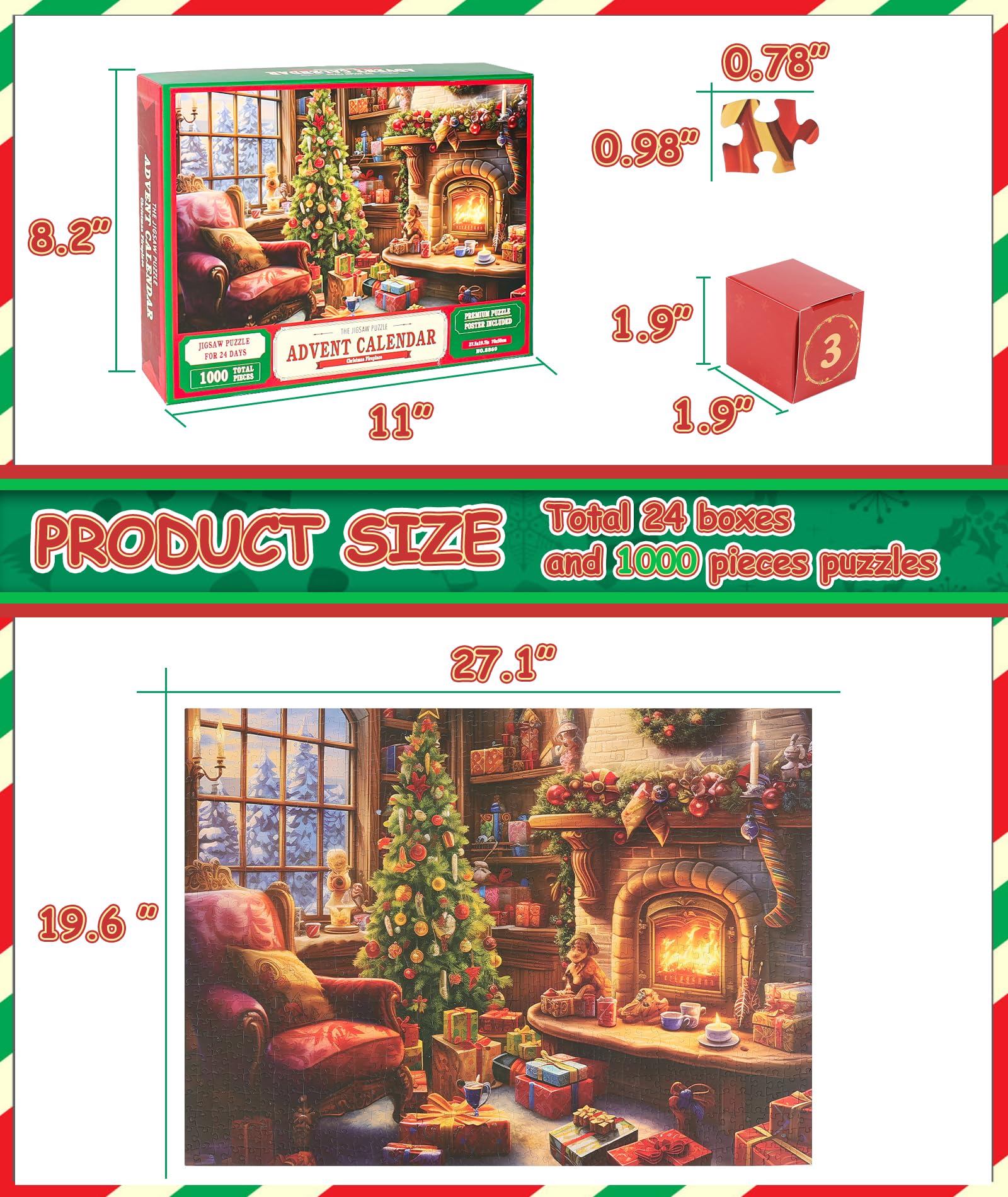 Protado Advent Calendar 2023 Christmas Jigsaw Puzzle, 24 Days Surprise Christmas Countdown Calendars for 6+ Kids and Adults, 1000 Pieces Puzzle Great Stocking Stuffer Xmas Presents Home Decor 27.5*19.7in