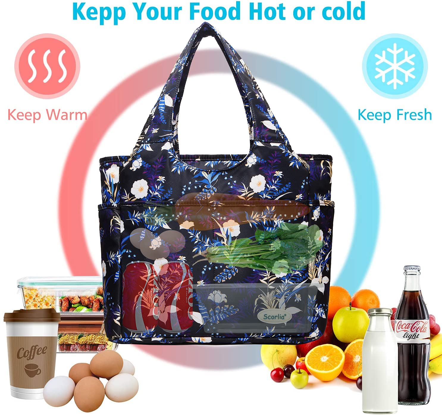 Scorlia Insulated Lunch Shoulder bag, Extra Large Lunch Tote Handbag, Durable Reusable Cooler Ladies lunch Box Bag with Side pockets, Tall Drinks Holder for Women Men Work, Blue flower