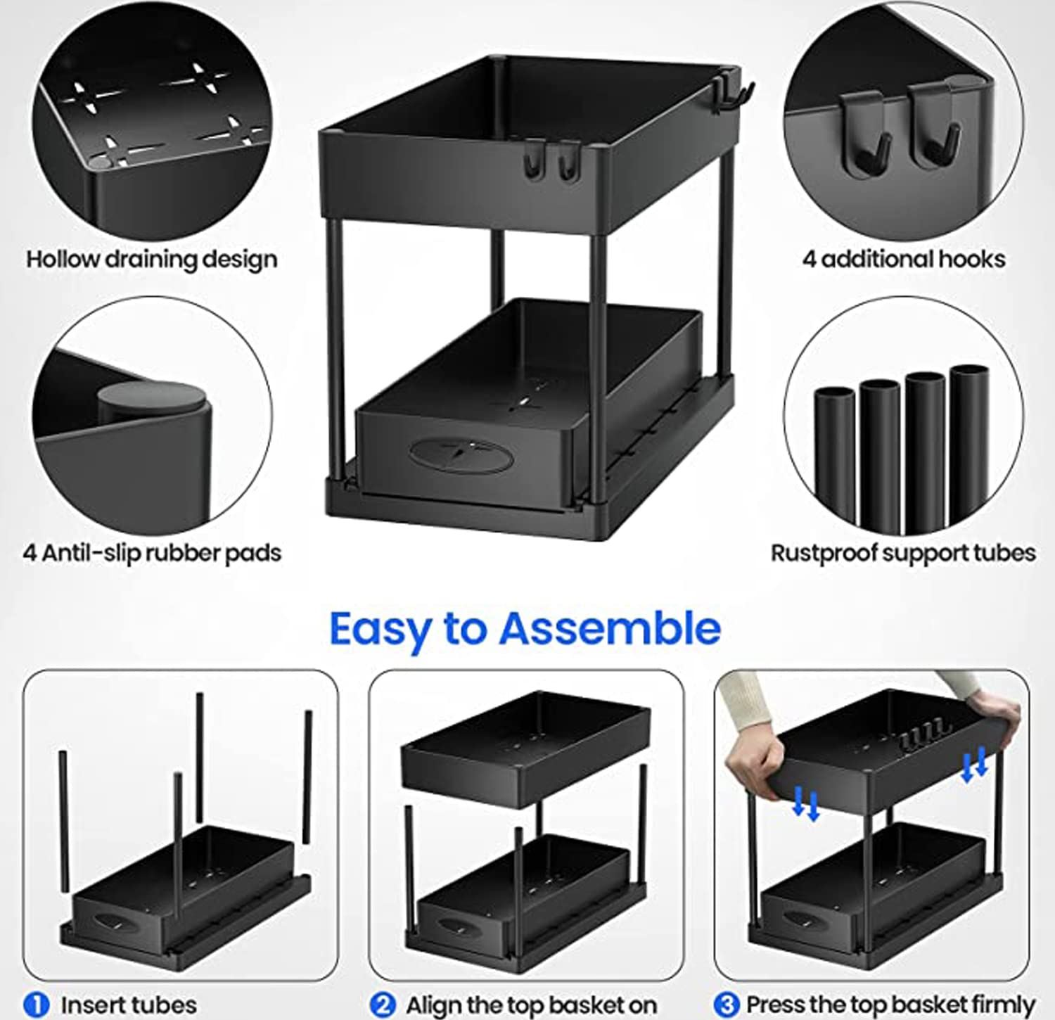 Under Sink Organizers and Storage, 2 Tier Under Cabinet Organizer with Hooks, Slide Out Bathroom Organizer for Bathroom and Kitchen, Black
