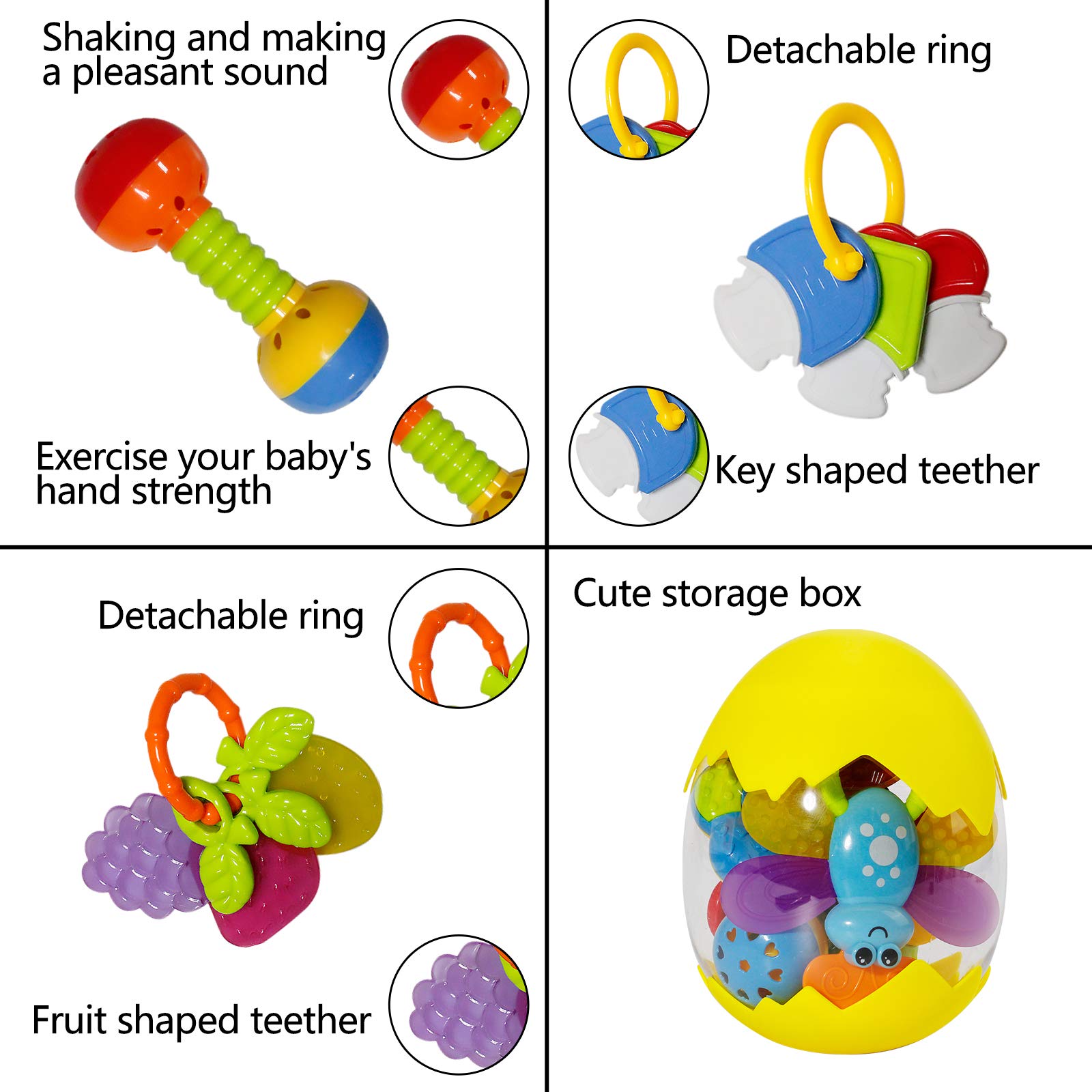 Rattle Teether Set Baby Toys - Happytime 13Pcs Shake Rattle Teethers Early Education Toys for Newborn Infant with Surprise Egg for 3 6 9 12 18Month