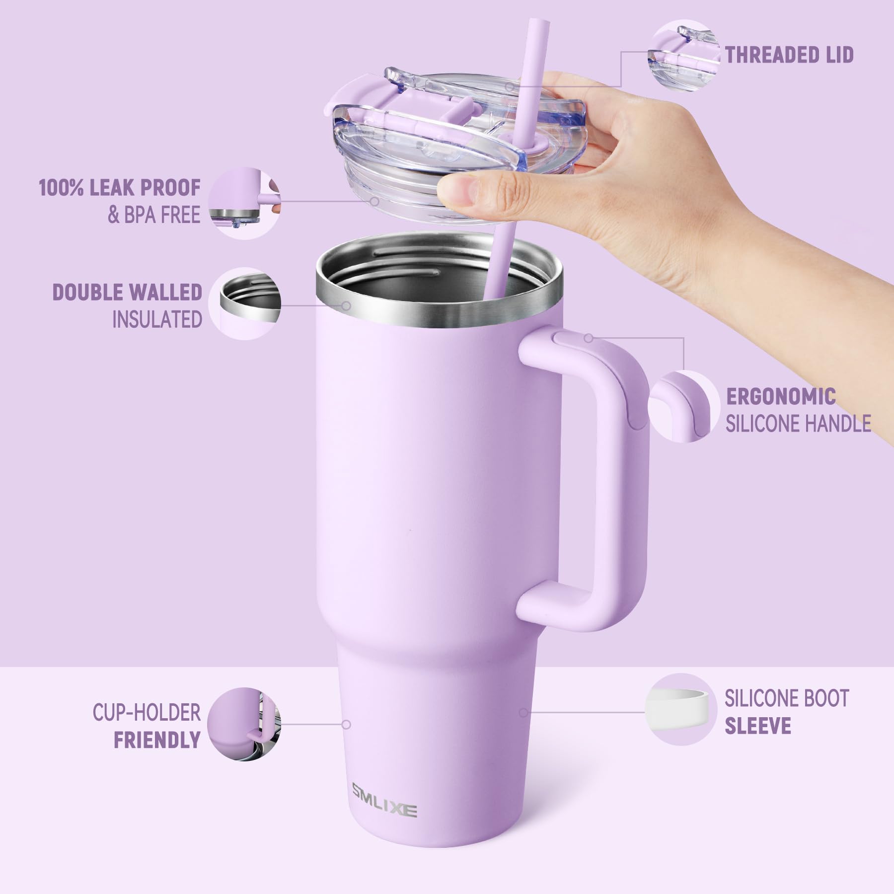 SMLIXE 40 oz Tumbler with Handle and Straw Lid,Insulated Reusable Stainless Steel Water Bottle Travel Mug，Cupholder Friendly Double Wall Vacuum Sealed Cup (Lavender Purple)