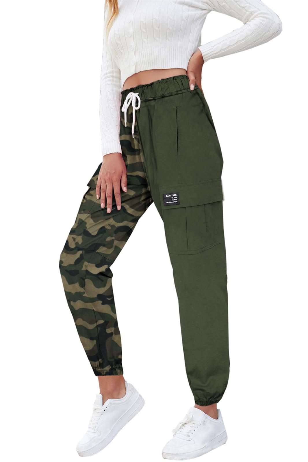 SANGTREE Women's Cargo Pants Elastic Waist Drawstring Tapered Jogger Pants with Pockets for Women,Camo,L