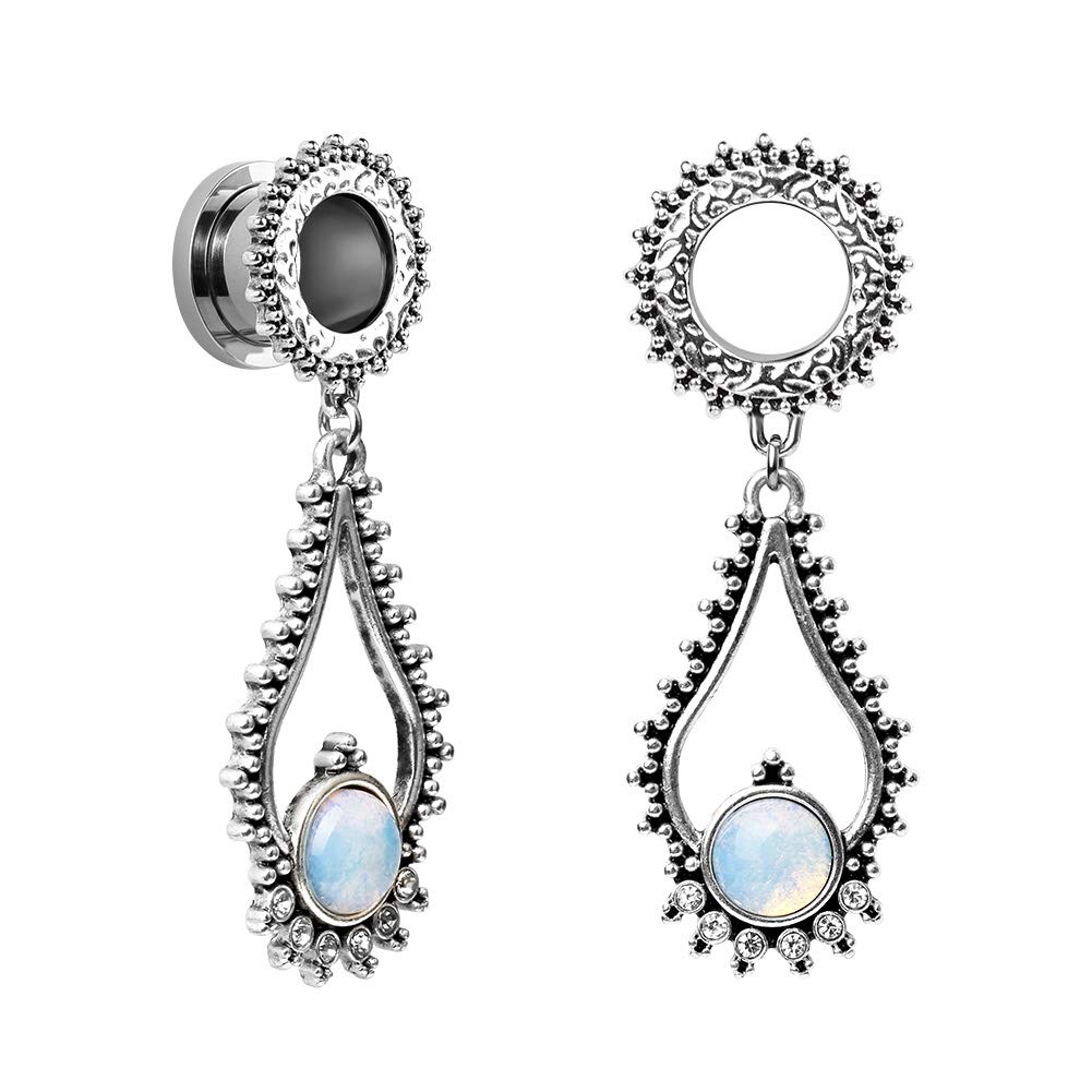 TBOSEN Opalite Moonstone Dangle Pendant Ear Plugs Stainless Steel Screw Ears Tunnels Gauges Piercing Gauge 0g(8mm)