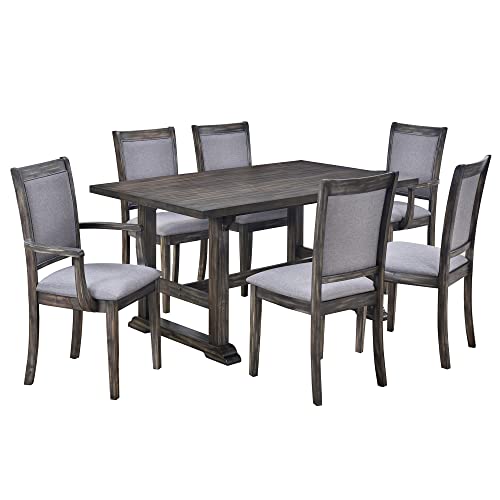 WOXYX 7-Piece Trestle Dining, Kitchen-Table-Set with Upholstered Side Arm Chair, Set of 6, Gray