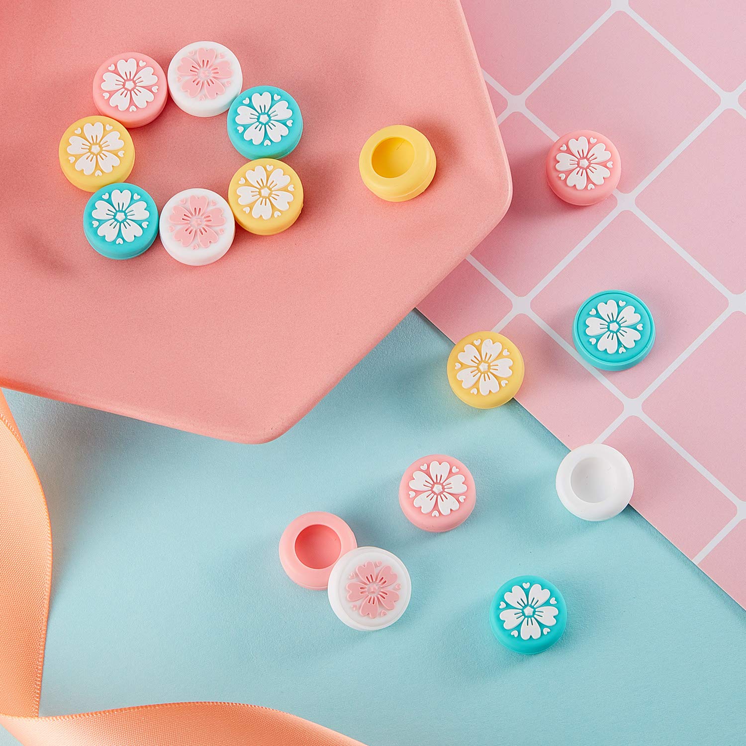 Sunmind 16 Pieces Sakura Flower Thumb Grip Cover, Thumb Grip Thumb Stick Grips Silicone Cover Compatible with Nintendo Switch and Lite, Joy-Con Controller (Pink White Turquoise Yellow)