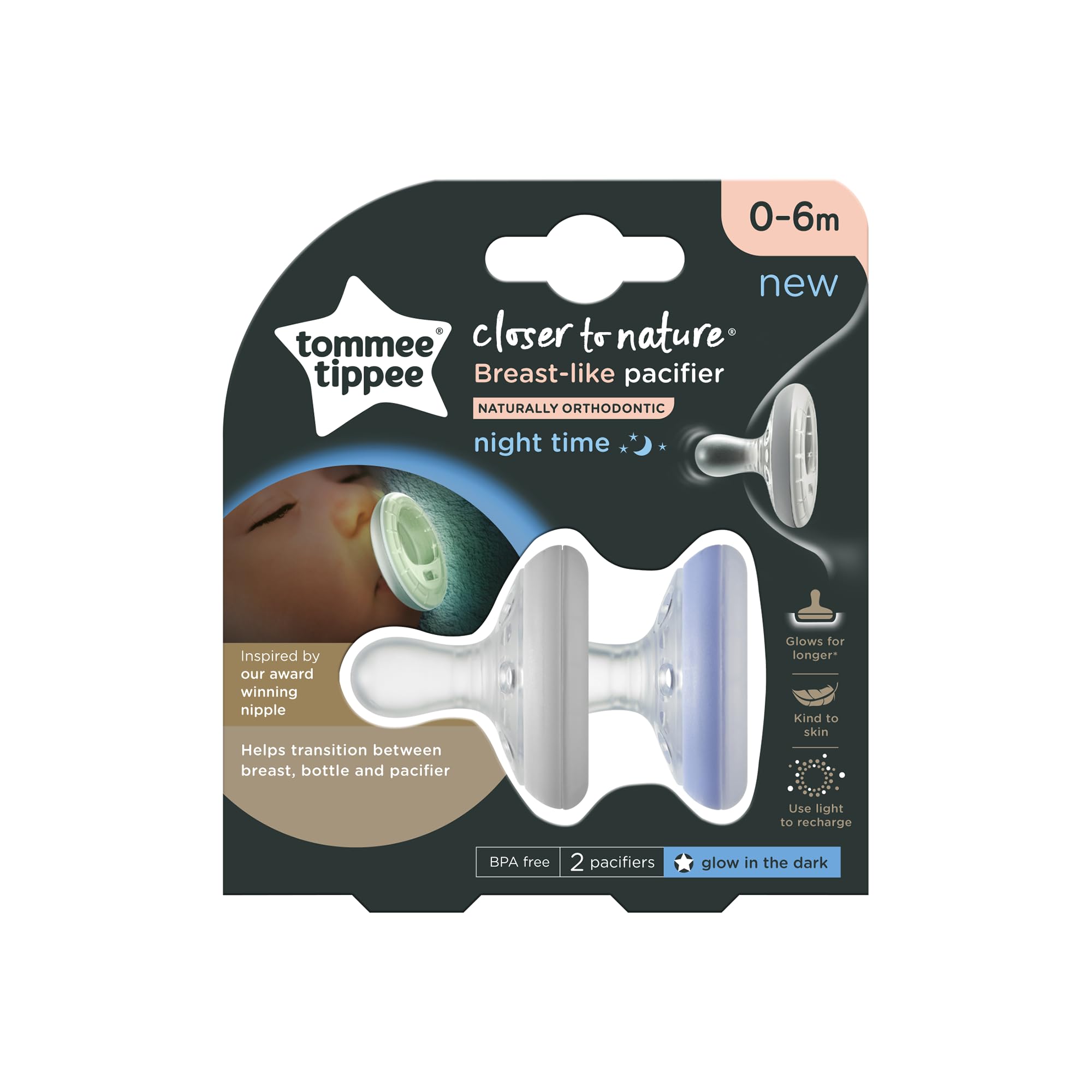 Tommee Tippee Breast-Like Pacifier Night, Glow in The Dark, Skin-Like Texture, Symmetrical Design, BPA-Free Binkies, 0-6m, 2 Count (Pack of 1)
