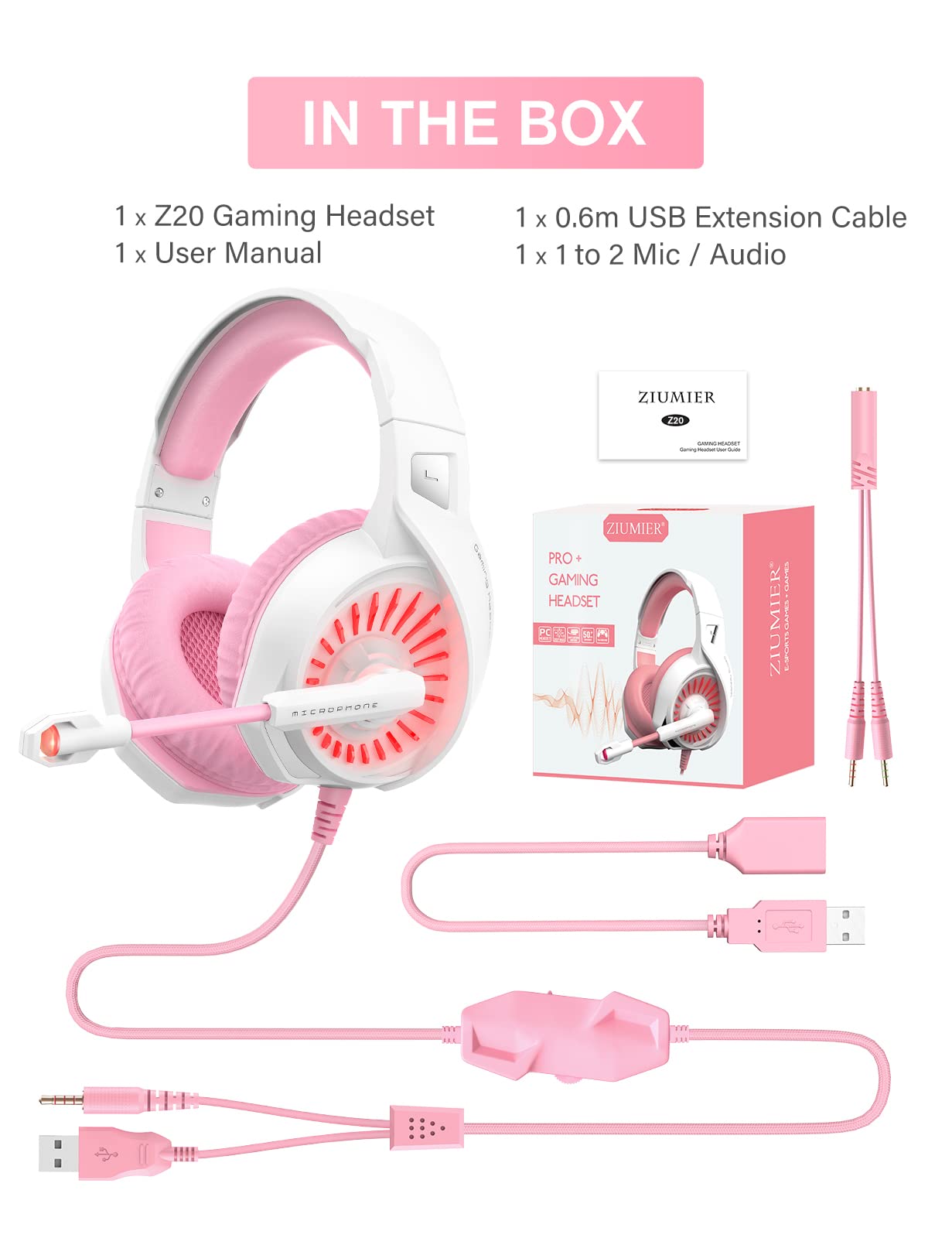 ZIUMIER Z20 Gaming Headset for PS4, PS5, Xbox One, PC, Wired Over-Ear Headphone with Noise Canceling Microphone, 7.1 Surround Sound,Comfortable Earmuffs, Pink