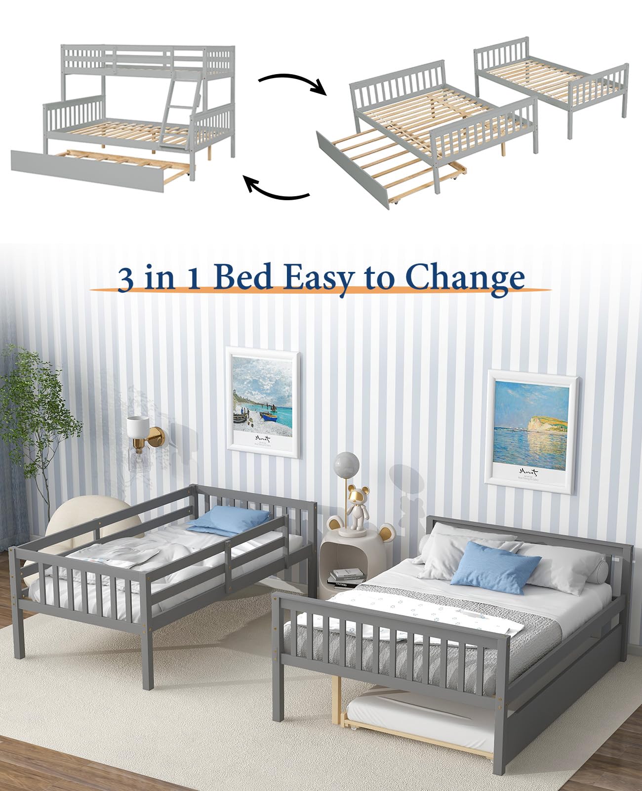 Tatub Twin Over Twin Bunk Bed with Trundle, Pine Wood Frame, Ladder and Guard Rails, Solid Bunk Bed with Trundle for Kids, Teens, Boys and Girls, No Box Spring Needed, White