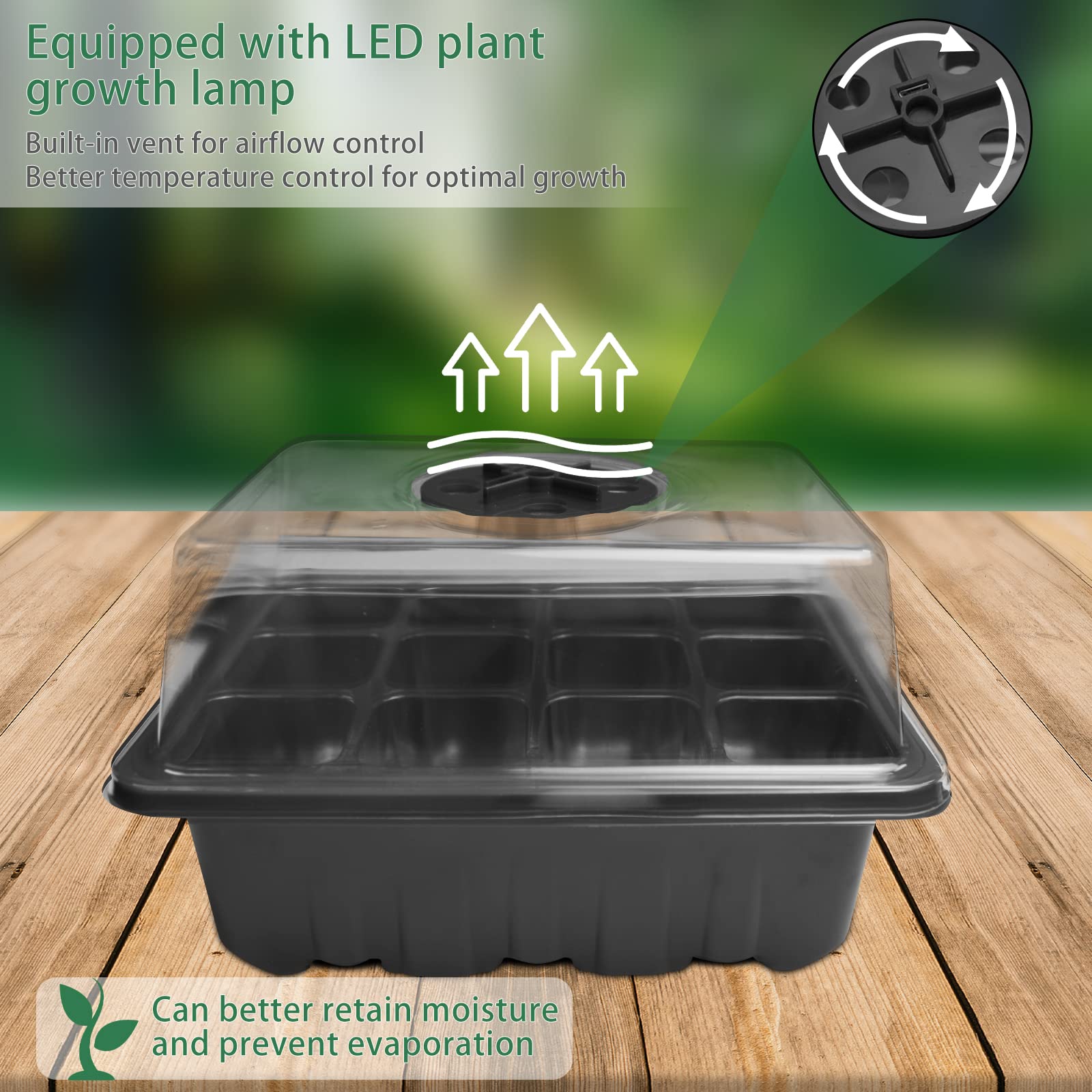 QMCAHCE 5Pack Seed Starter Tray With Grow Light, Greenhouse Mini Plant Seeding Kit 60 Cells Total, Indoor Seed Starter Kit with Adjustable Humidity Dome, Gardening Plant Germination Light Trays(Black)