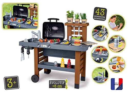 Smoby Garden Kitchen - Outdoor 43 Accessory Play Set, Kids Ages 3+, Grill w/Retractable Magic Flames, Fryer & Sink w/Water Pump Function, Pretend Play
