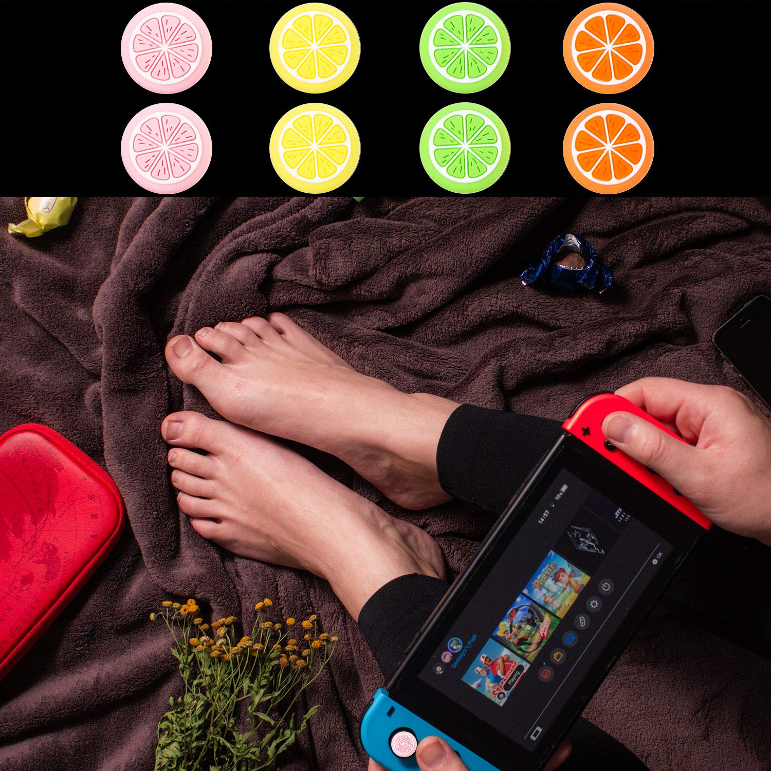 Sunmind 16 Pieces Replacement Cute Fruit Lemon Design Thumb Grip Caps Thumb Grips Analog Stick Cover Joystick Cap Cover Compatible with Nintendo Switch, Switch Lite and Joy-Con Controller