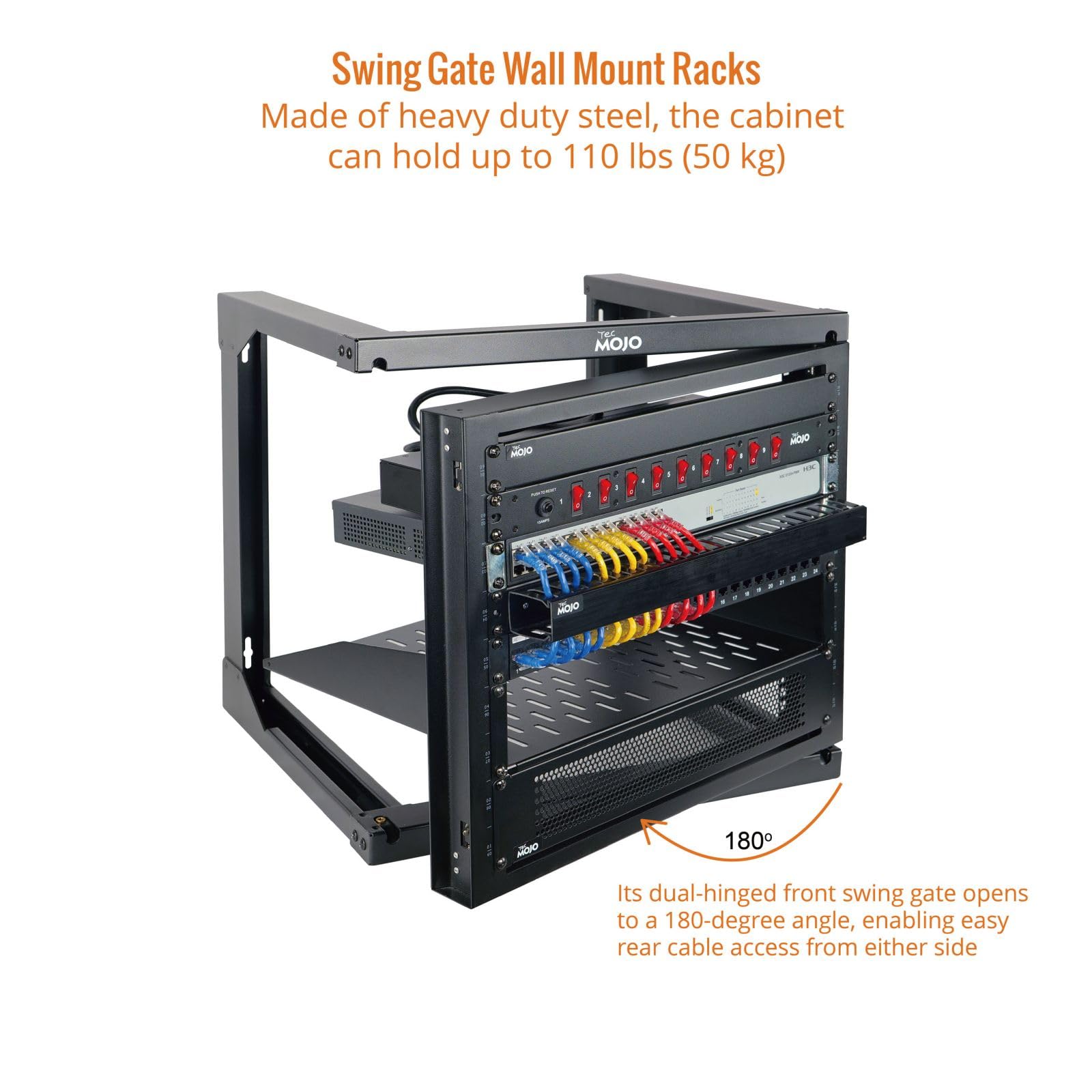 Tecmojo 15U Wall Mount Open Frame Network Rack, Swing Out Hinged Door 18 Inch Depth, Holds Network Servers and AV Equipment, Easy Rear Access to Equipment, Door Opens 180 Degrees from Either Side