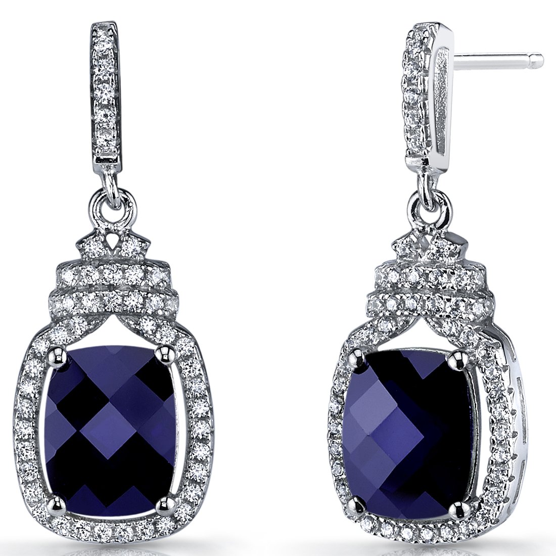 Peora 5.50 Carats Created Blue Sapphire Halo Crown Dangle Earrings for Women 925 Sterling Silver, Cushion Cut 9x7mm, Friction Backs