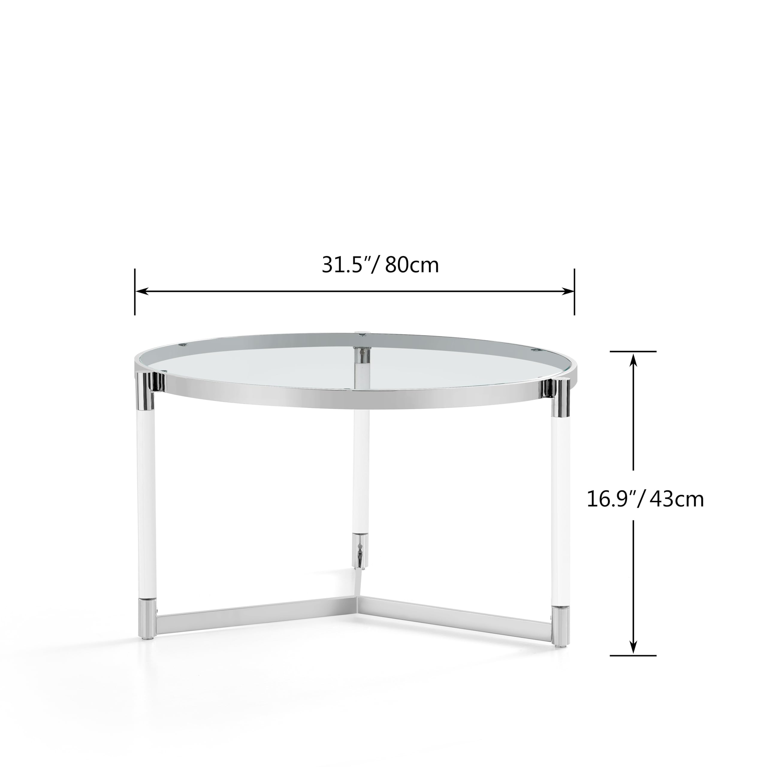 Saint Mossi Glass Coffee Table, Modern Design, Single Layer Glass Coffee Table for Living Space, D32 x H17, Clear Glass Top, Clear Acrylic Leg & Chrome Finish Metal Frame