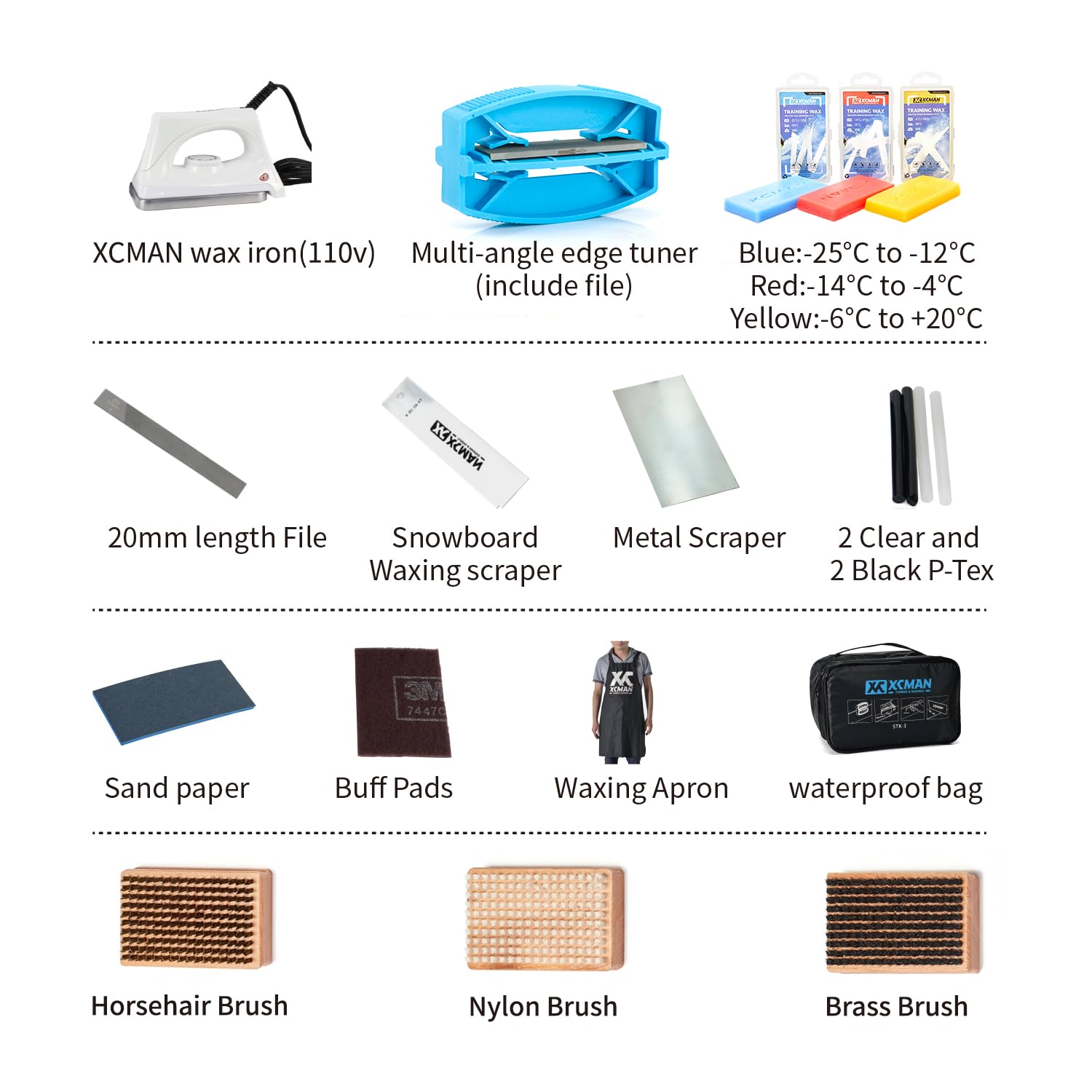 XCMAN Complete Ski Snowboard Tuning and Waxing Kit with Waxing Iron,Ski Training Wax,Edge Tuner,Ptex,Ski Waxing Brush,Waxing Scraper