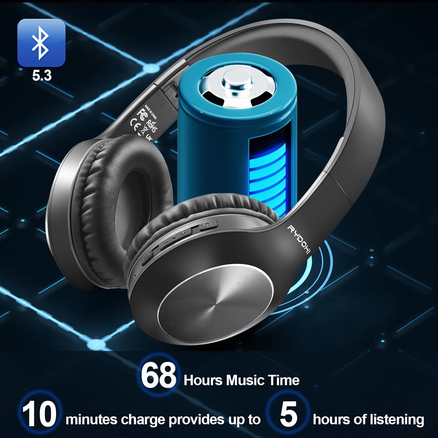 Rydohi Bluetooth Headphones Over Ear, 68H Playtime and 3 EQ Music Modes Wireless Headphones with Microphone/Deep Bass, HiFi Stereo Foldable Lightweight Headset for PC Home Travel Office (Black