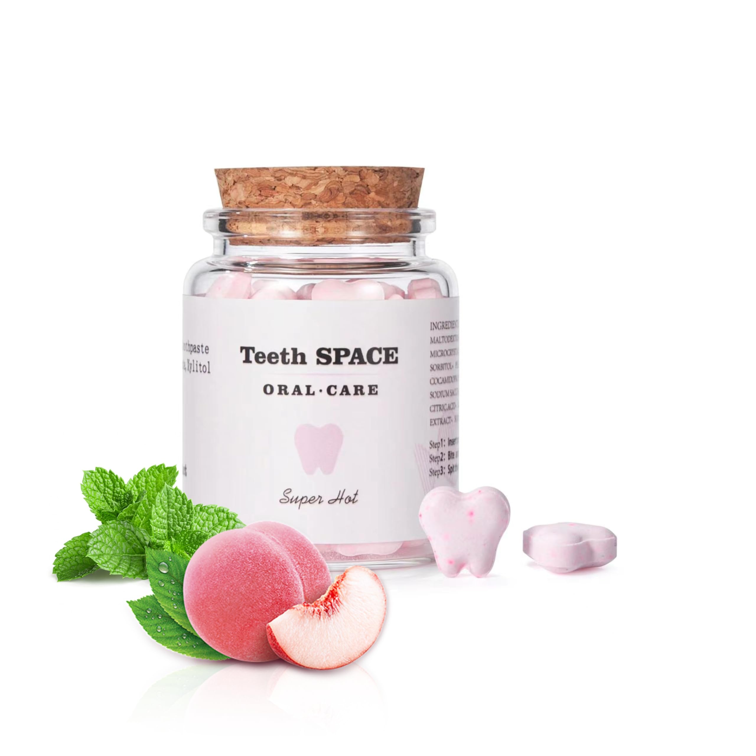 TeethSPACE Peach Mint Toothpaste Tablets, 65 Mega Size Chewable Tabs, Natural and Eco-Friendly, Flouride Free, Teeth Cleaning and Whitening Solution, Travel Mouthwash Tablets, Natural Ingredient