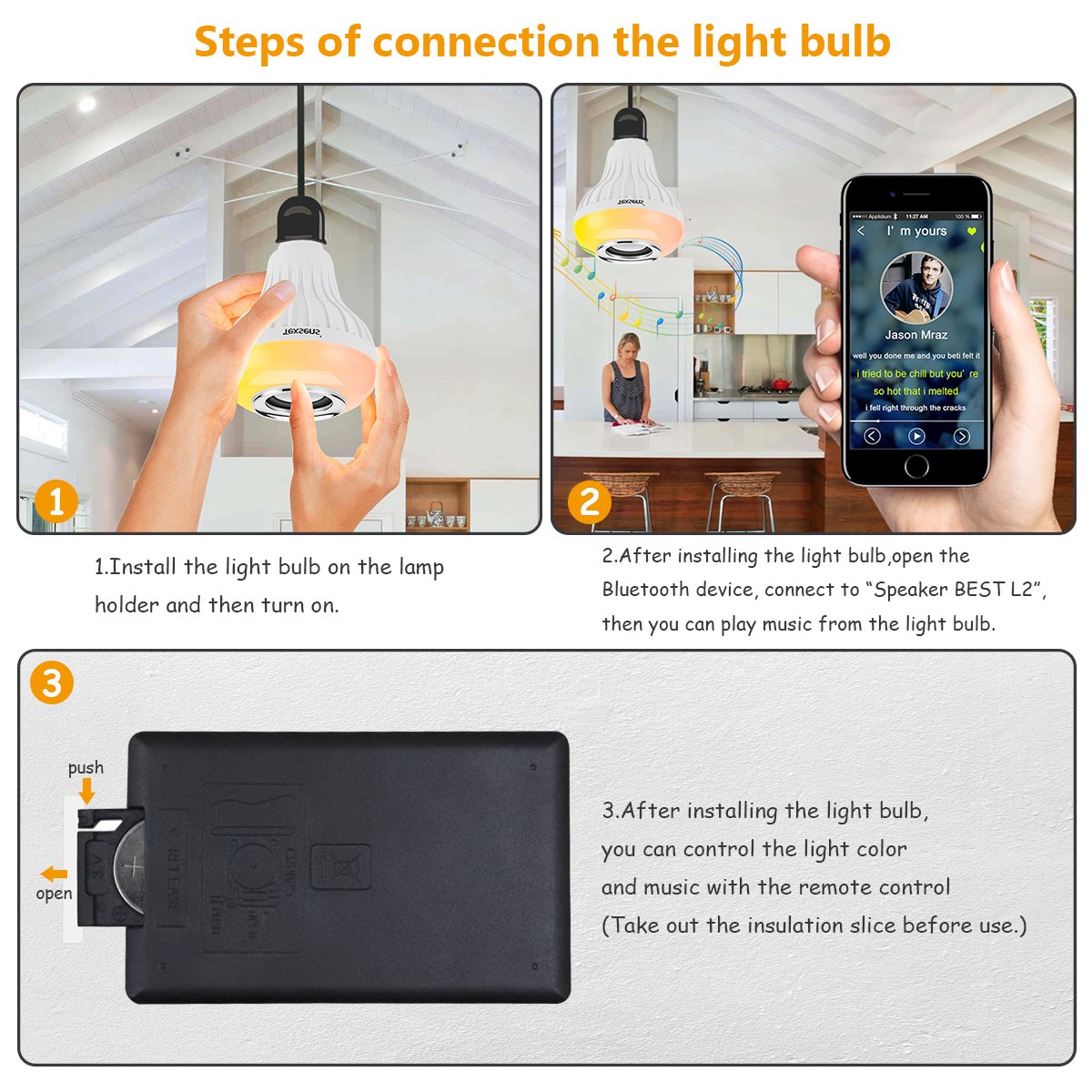 Texsens LED Light Bulb Bluetooth Speaker, 6W E26 RGB Changing Lamp Wireless Stereo Audio with 24 Keys Remote Control