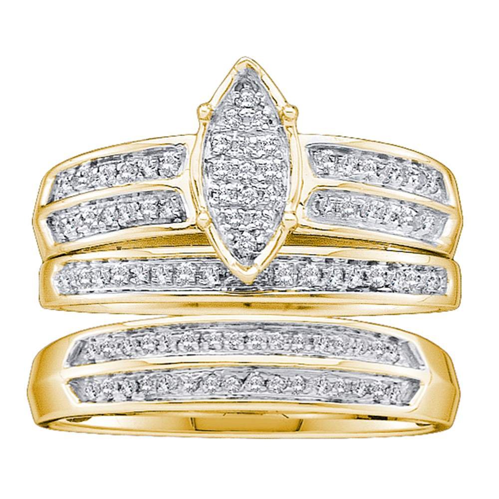 Sizes - L = 7, M = 9.5 - 10K Yellow Two Tone Gold Round Diamond Trio Three Ring Set - Matching His and Hers Engagement Ring & Wedding Bands - Micro Pave Marquise Center Setting Shape (.28 cttw.) - Please use drop down menu to select your desired ring size