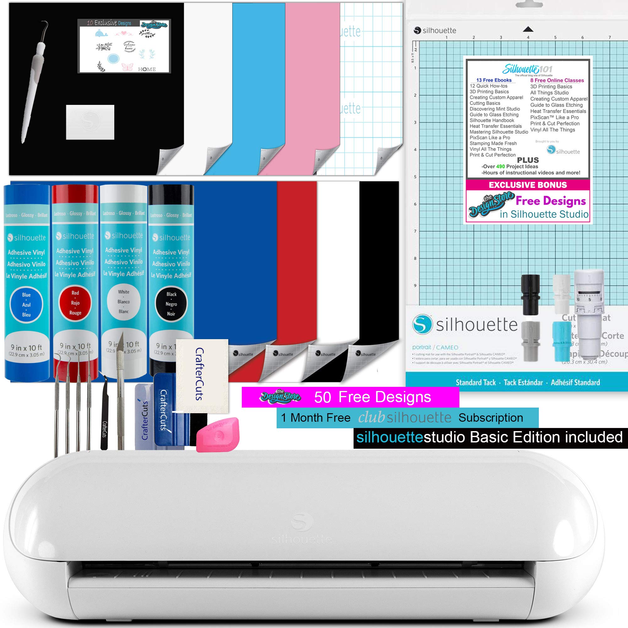 Silhouette Portrait 3 Bundle with 4 Rolls of Vinyl, Vinyl Starter kit, Transfer Tape, CrafterCuts Deluxe Tool kit, and Access to Ebooks, Tutorials, Classes