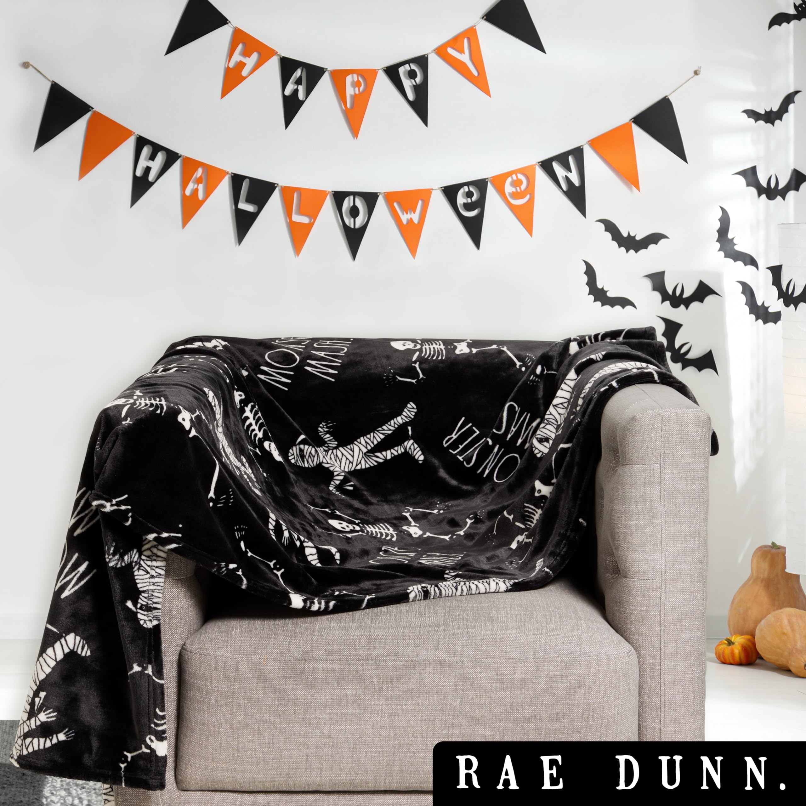 Rae Dunn Throw Blanket- Soft, Decorative Blankets for Bed or Couch, Cozy Throws for Sofa, Soft Plush Throw Embroidered Ghost Pumpkins, 50 inches x 70 inches