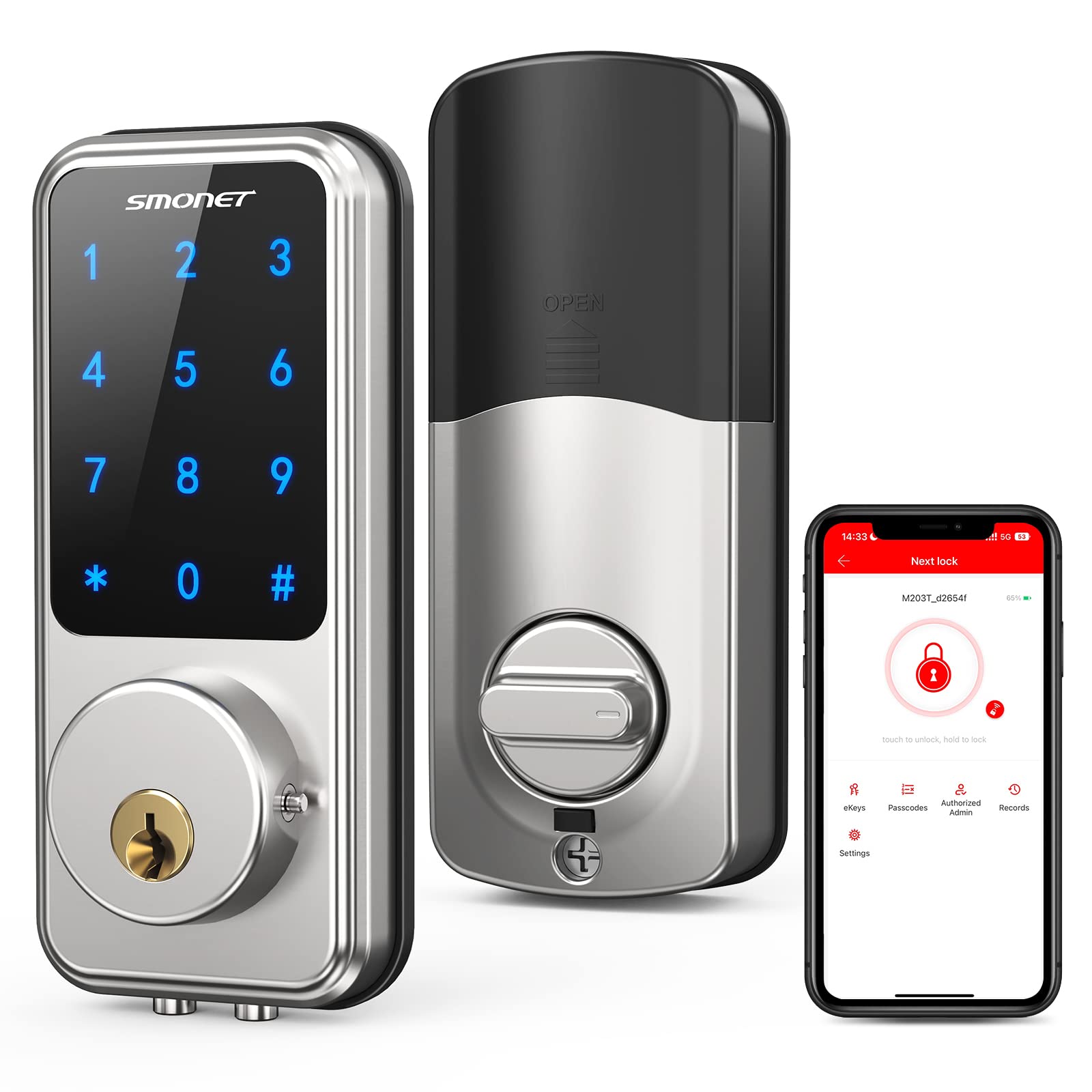 Smart Lock, SMONET Touchscreen Keypad Deadbolt, Keyless Door Entry for Exterior Door, Passcode Code Front Door Lock, WiFi Door Lock Compatible with Alexa, Bluetooth Deadbolt Lock for Home Office