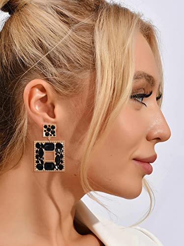 Rhinestone Square Dangle Earrings For Women Sparkly Crystal Geometric Drop Statement Earrings Juran Green Collection (Black)