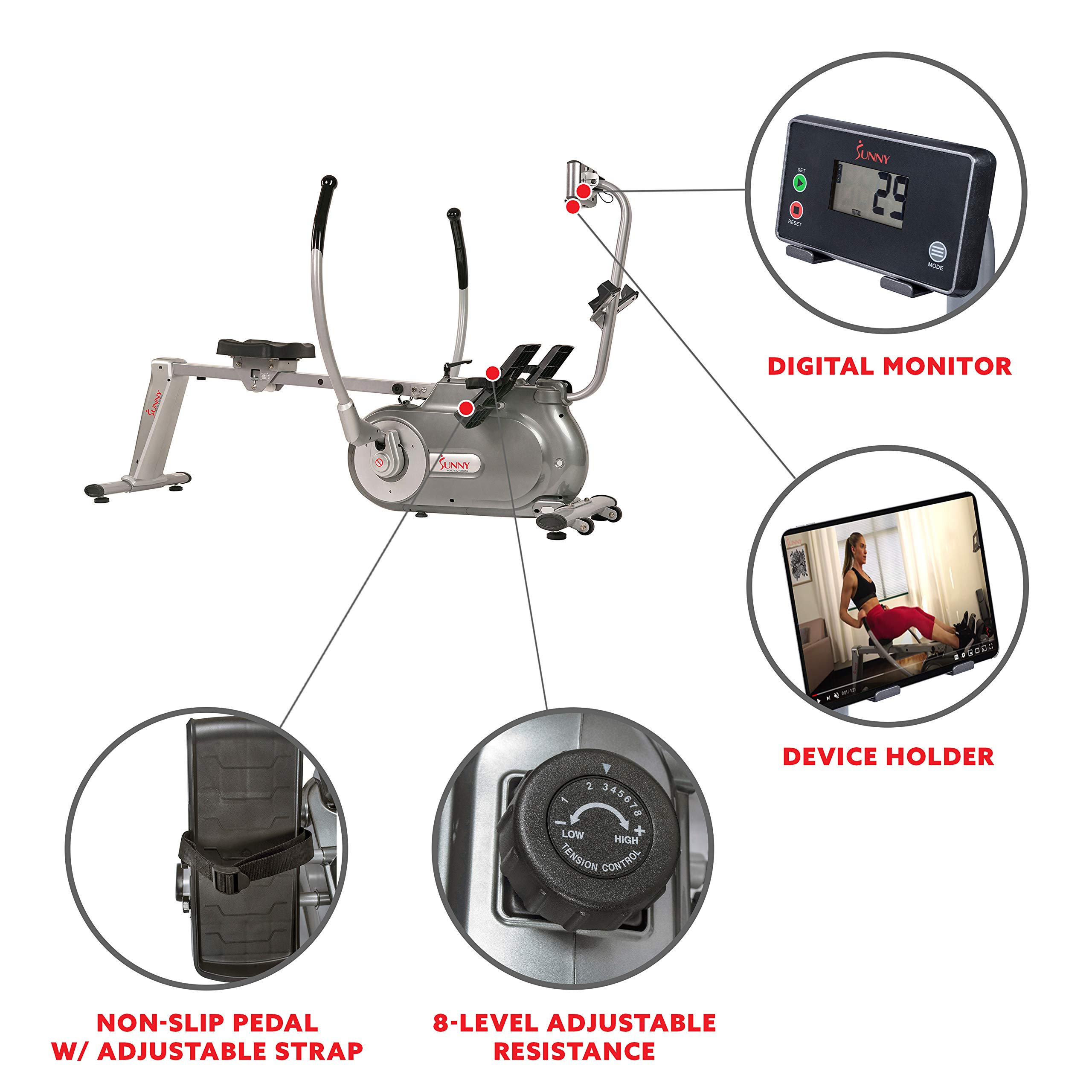 Sunny Health & Fitness Full Motion Magnetic Rowing Machine Rower with Advanced LCD Display, Elevated Seat, 265 LB Max Weight and Foldable - SF-RW5864