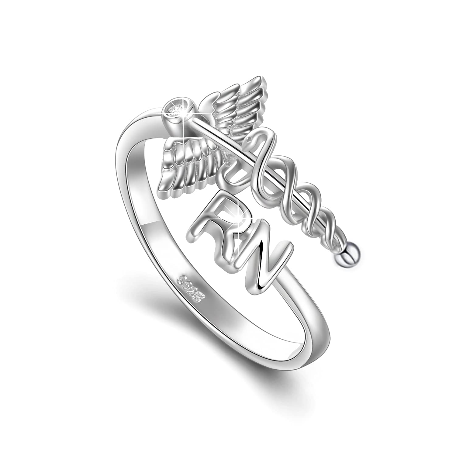 YFN S925 Sterling Silver Caduceus Rings RN Nurse Gift Adjustable Rings for Graduation Nursing Themed Jewelry
