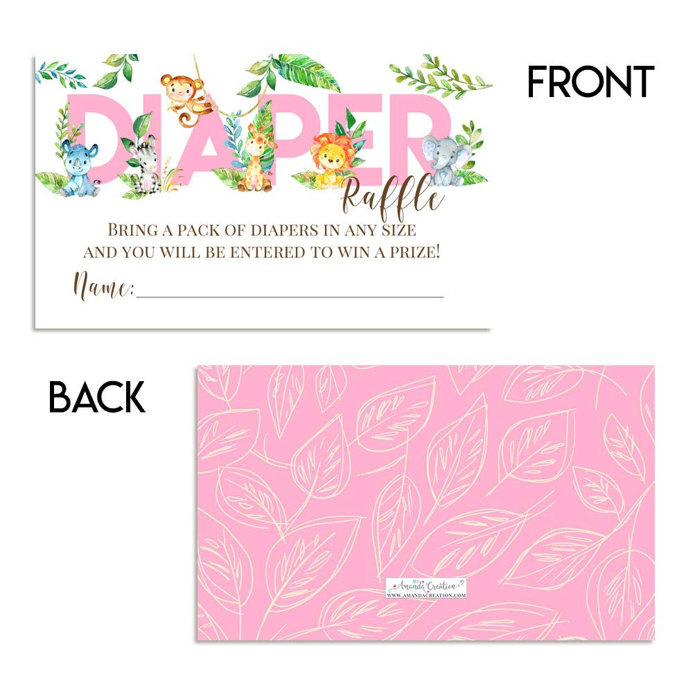 Watercolor Jungle Animals Diaper Raffle Tickets for Girl Baby Showers, 20 2" X 3” Double Sided Insert Cards for Games by AmandaCreation, Bring a Pack of Diapers to Win Favors & Prizes!