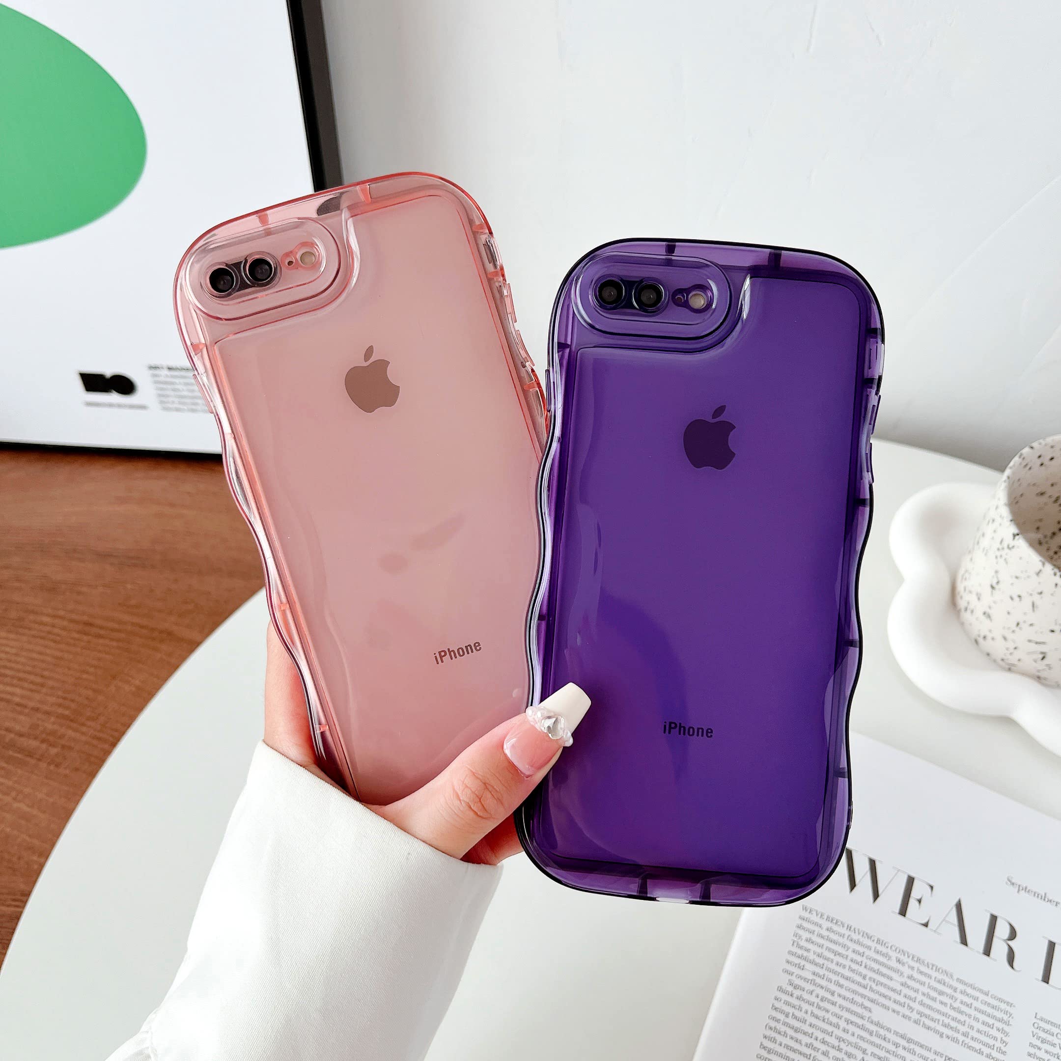 Qokey for iPhone 8 Plus Case,iPhone 7 Plus Case 5.5 inch Cute Clear Love Case Frame Wavy Edge Transparent Full Protective Soft TPU Shockproof Phone Cases Cover for Women Girls,Pink