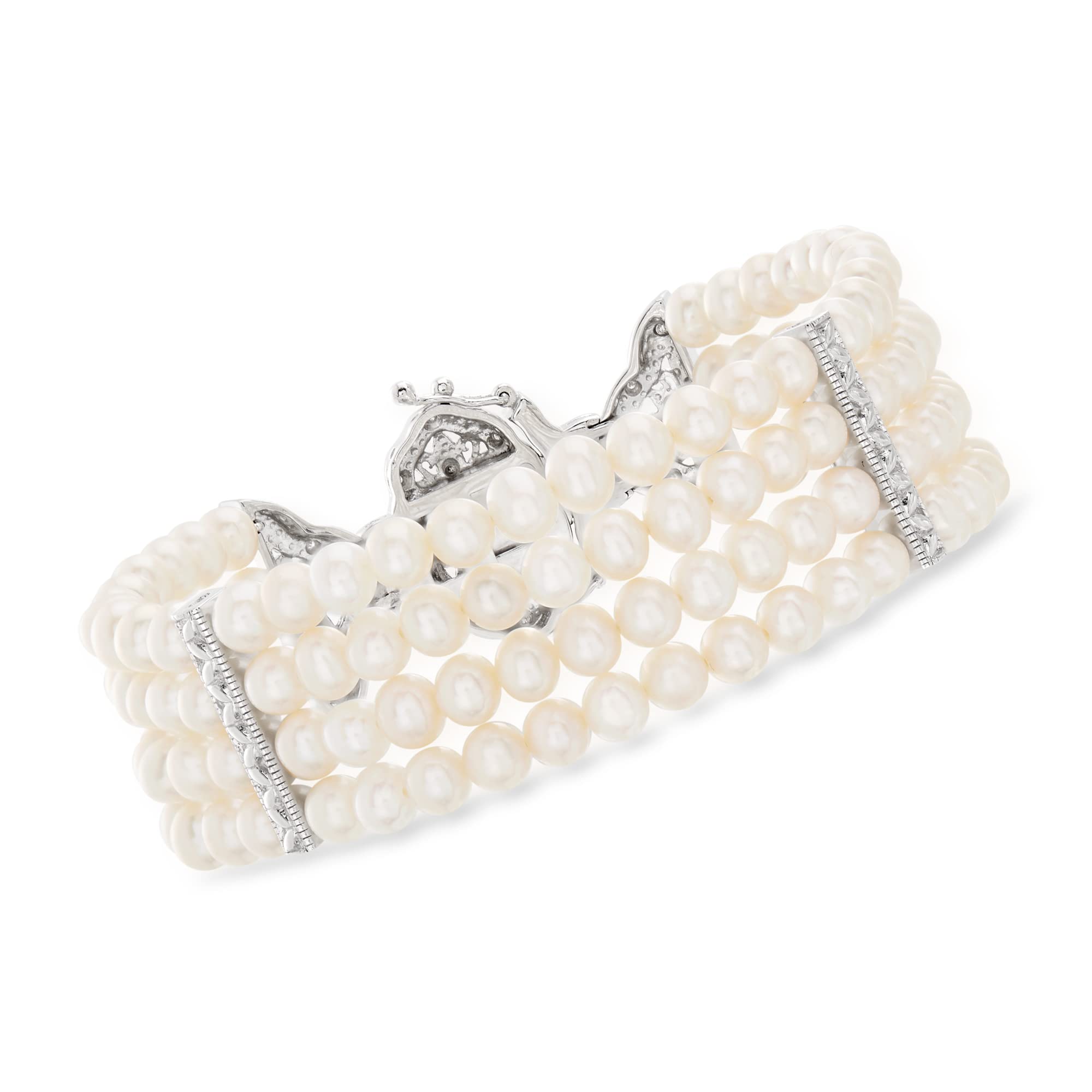 Ross-Simons 4.5-5mm Cultured Pearl and .15 ct. t.w. Diamond Multi-Strand Bracelet in Sterling Silver. 7 inches